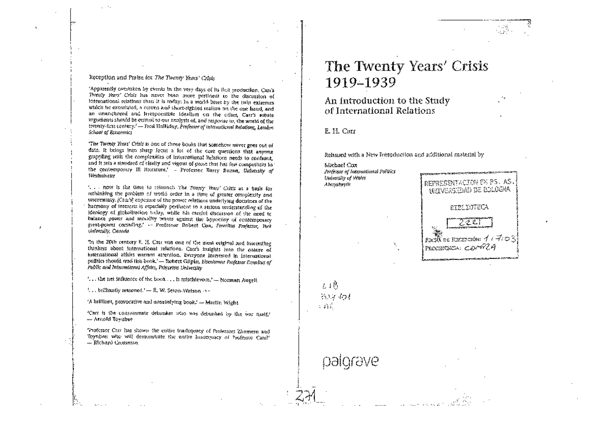 Carr, The twenty years´crisis,1919-1939. An introduction to the study ...