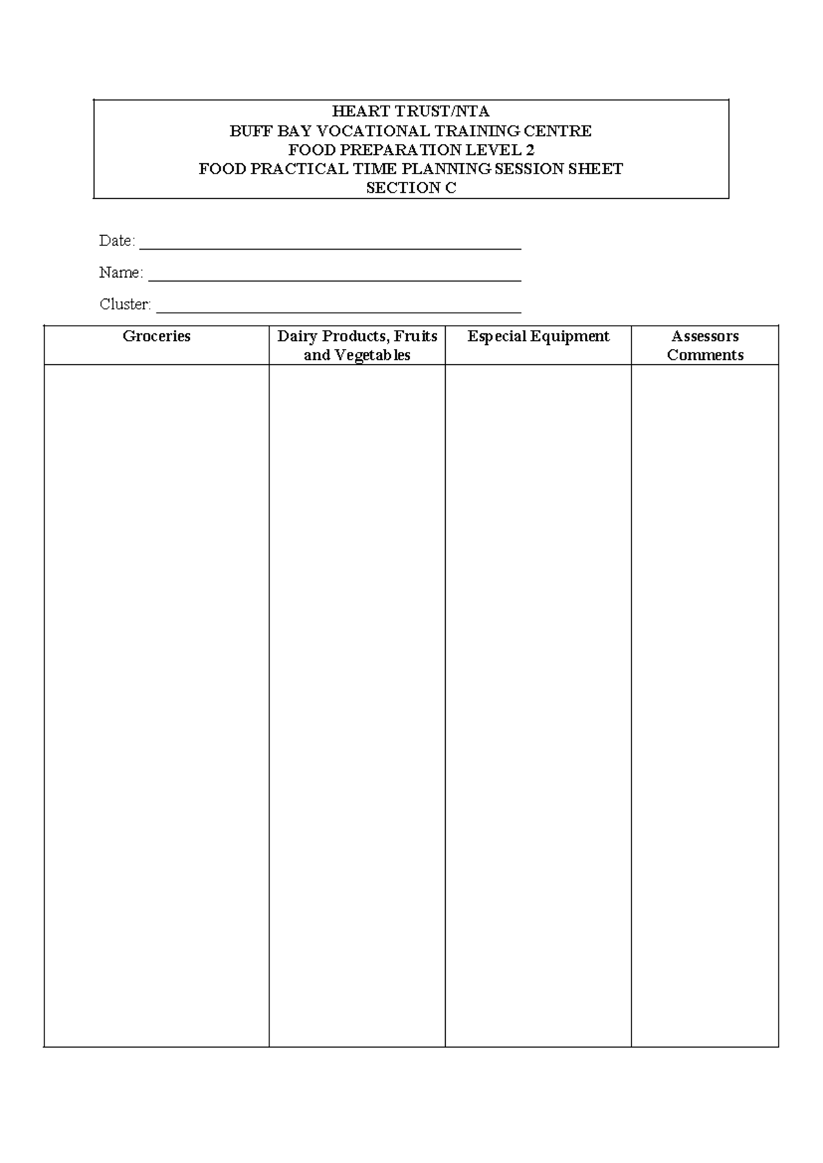 Time Plan Template - paper - BUFF BAY VOCATIONAL TRAINING CENTRE FOOD ...