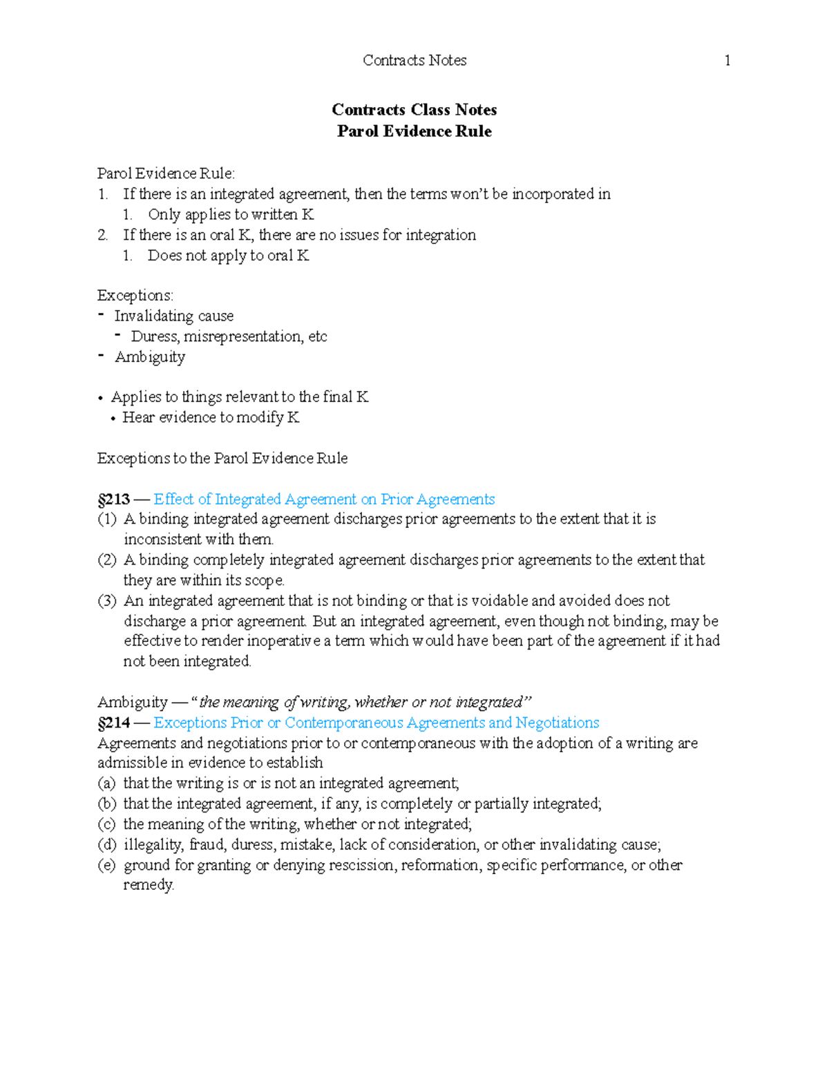 Parol Evidence Rule - Contracts Notes 1 Contracts Class Notes Parol ...