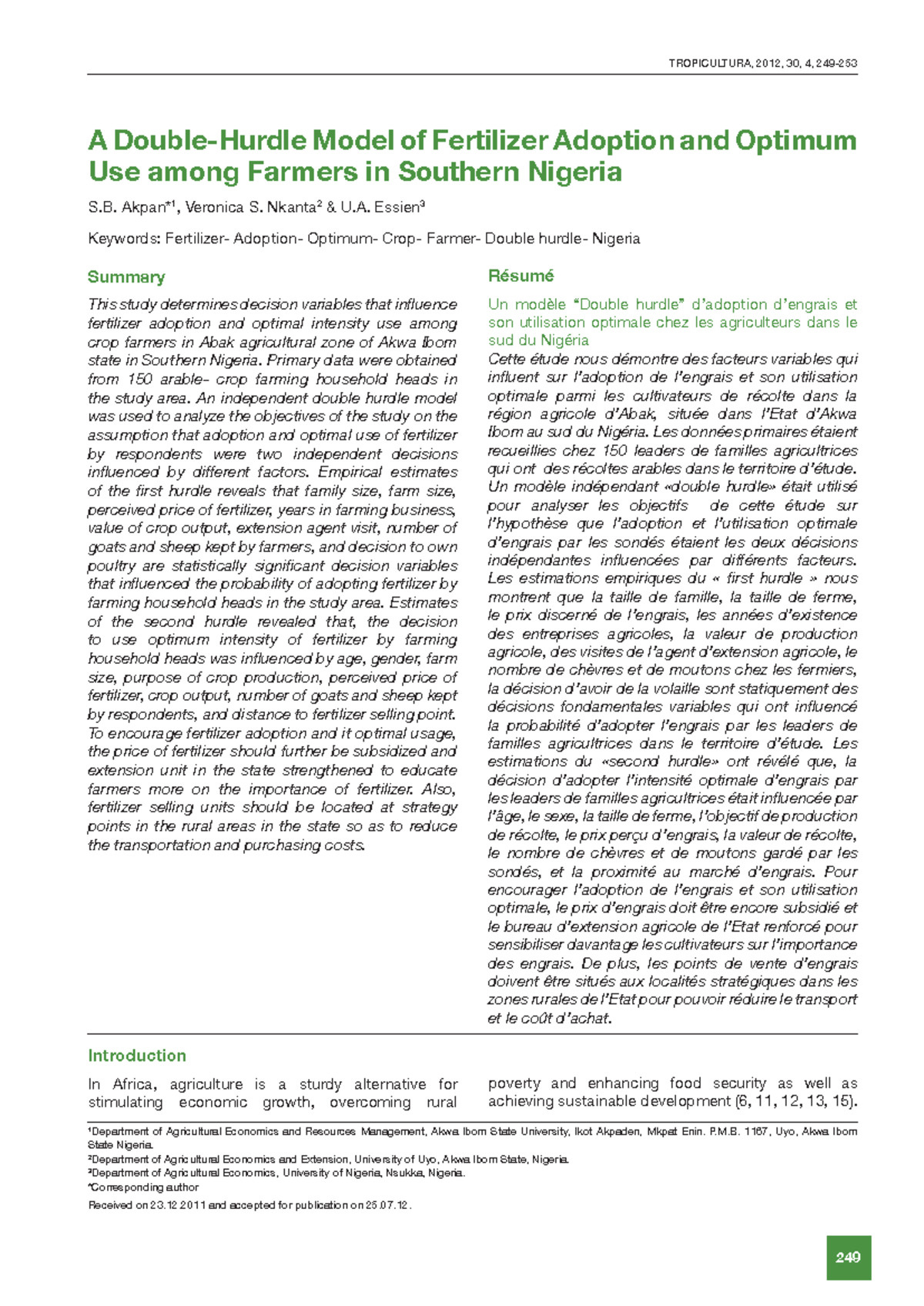 The double hurdle approach best -2 - TROPICULTURA, 2012, 30 , 4, 249 ...