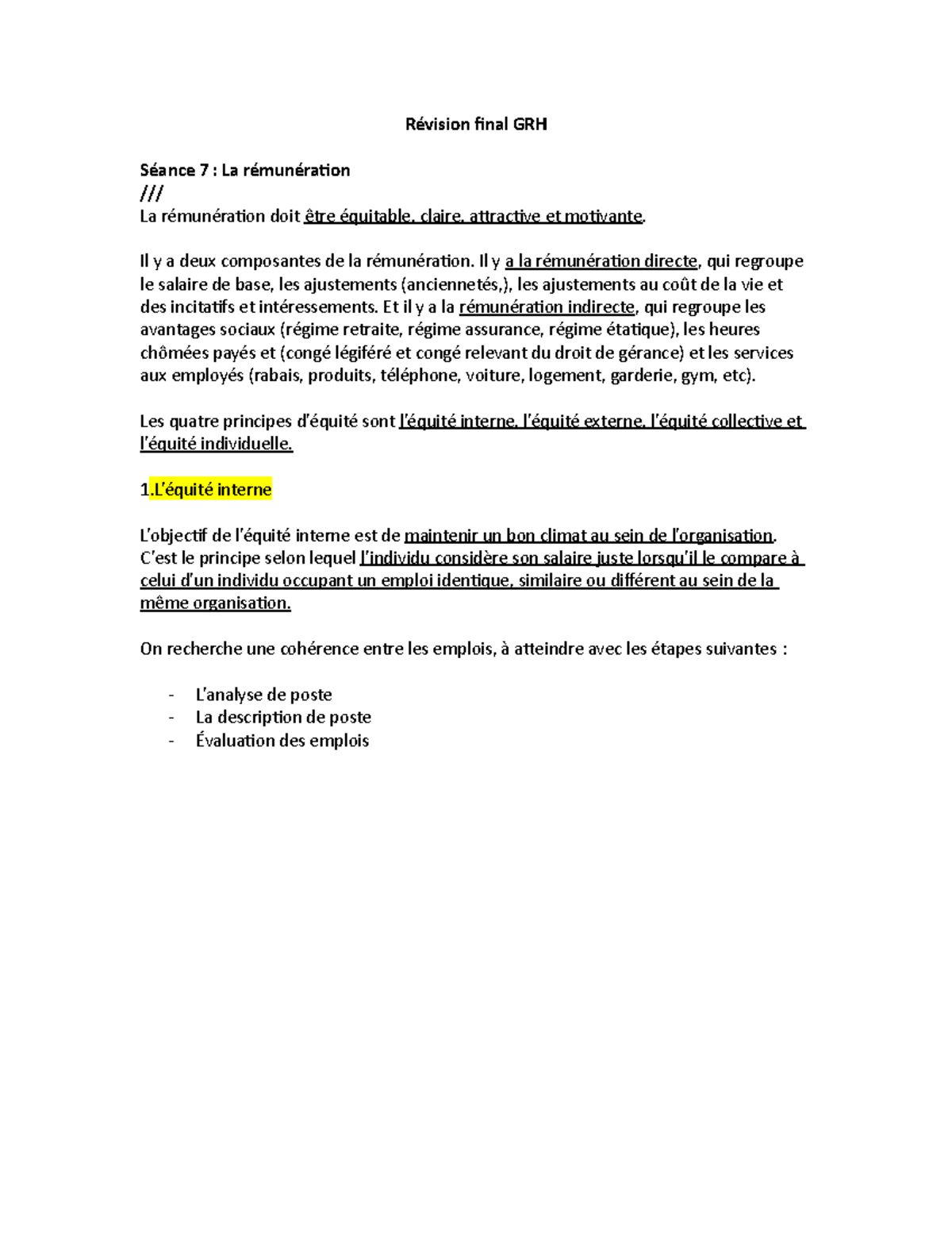 Révision final GRH - Révision final GRH Séance 7 : La rémunération /// La rémunération doit être ...