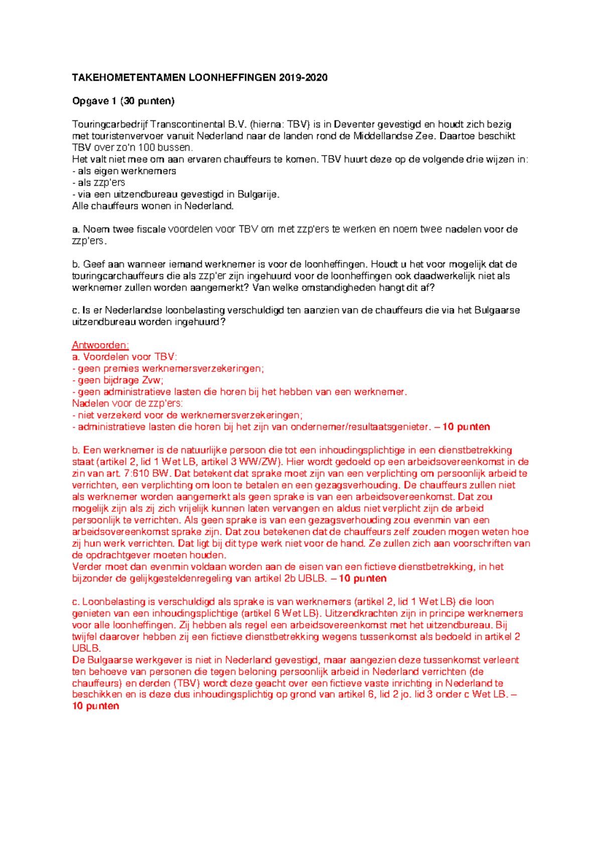 VU Loonheffingen 2020 - tentamen (inclusief standaarduitwerkingen ...