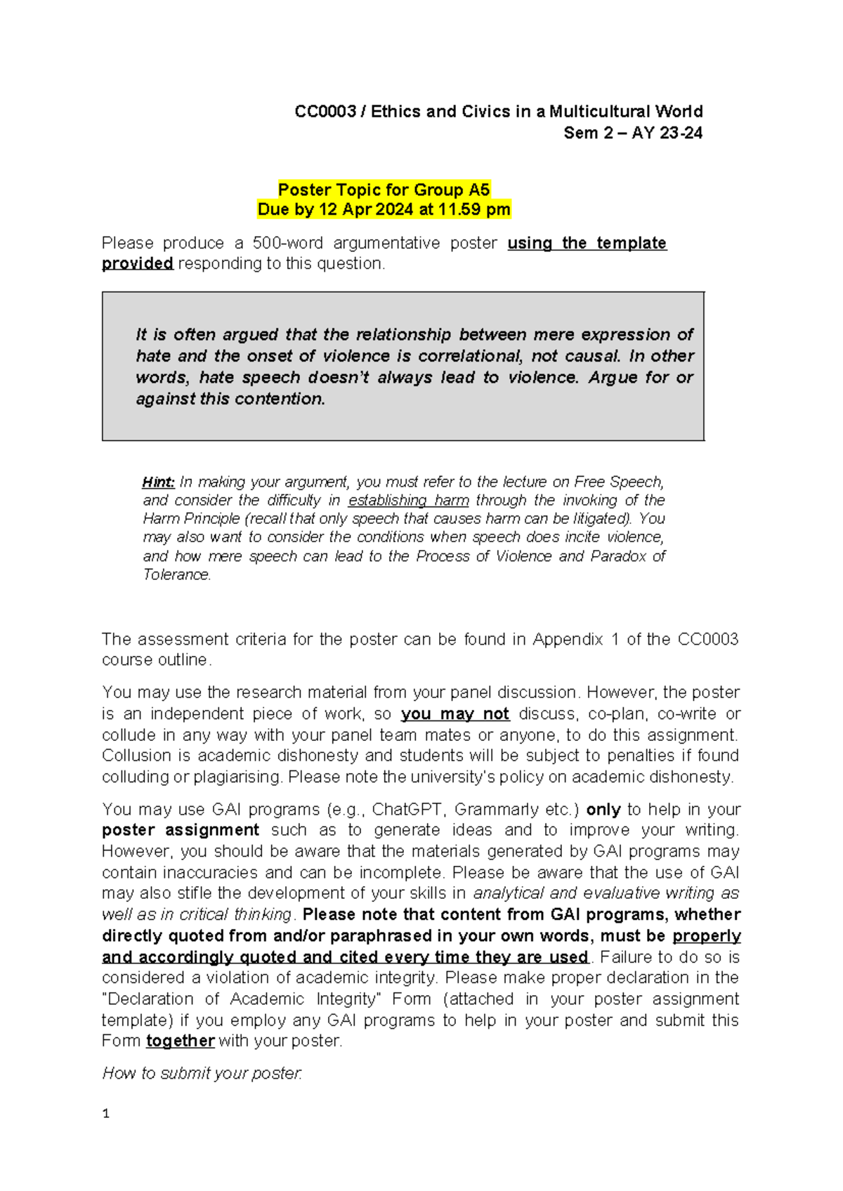 A5 Poster Free Speech - CC0003 / Ethics and Civics in a Multicultural ...