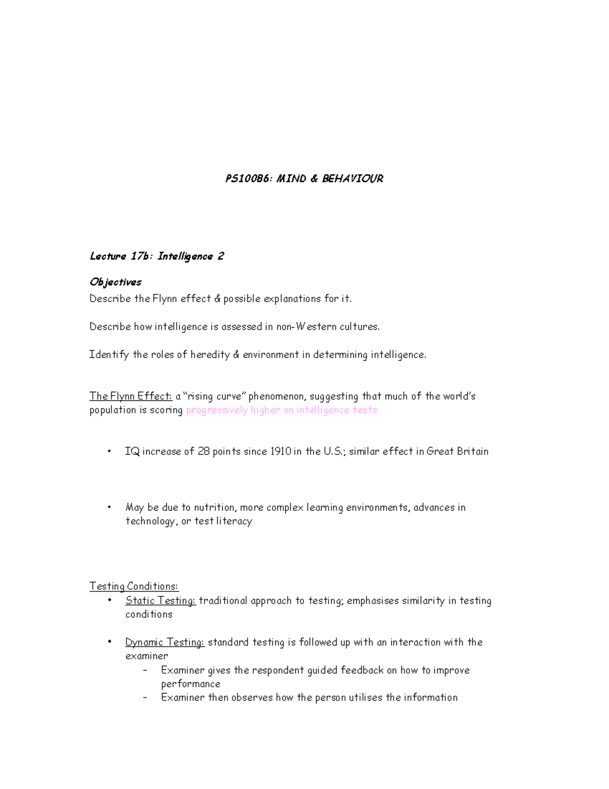 Completed handout for lecture 17b Ian - Intelligence - PS10086: MIND & BEHAVIOUR Lecture 17b ...