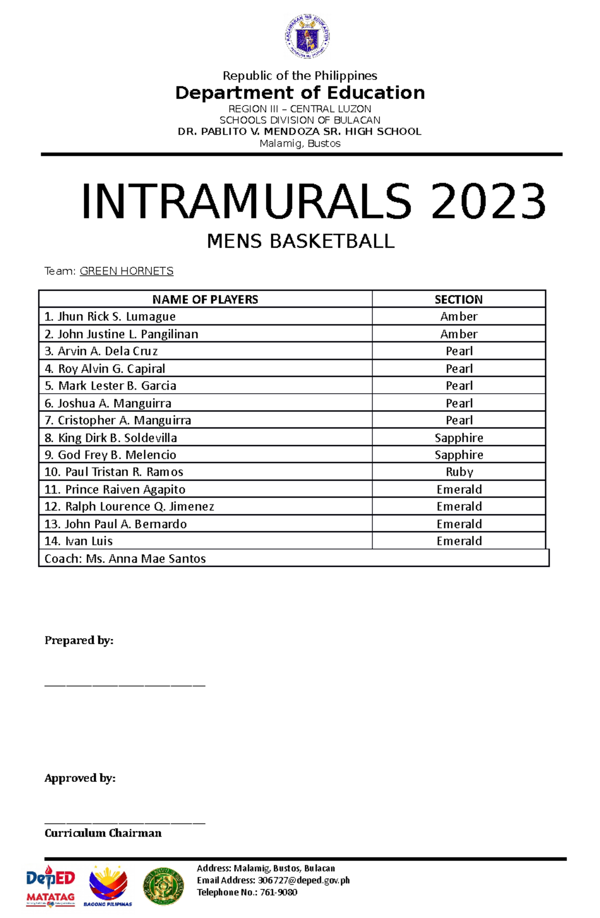 Entry FORM FOR Intrams - None - Republic of the Philippines Department ...