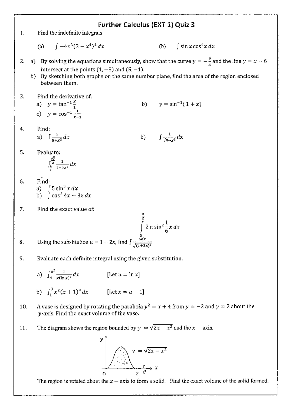 Y12 ext revision Calculus Quiz 3 - MATH1131 - Studocu