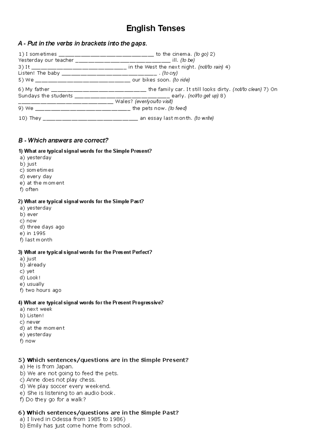 19.05 - Tenses Test - English Tenses A - Put in the verbs in brackets ...