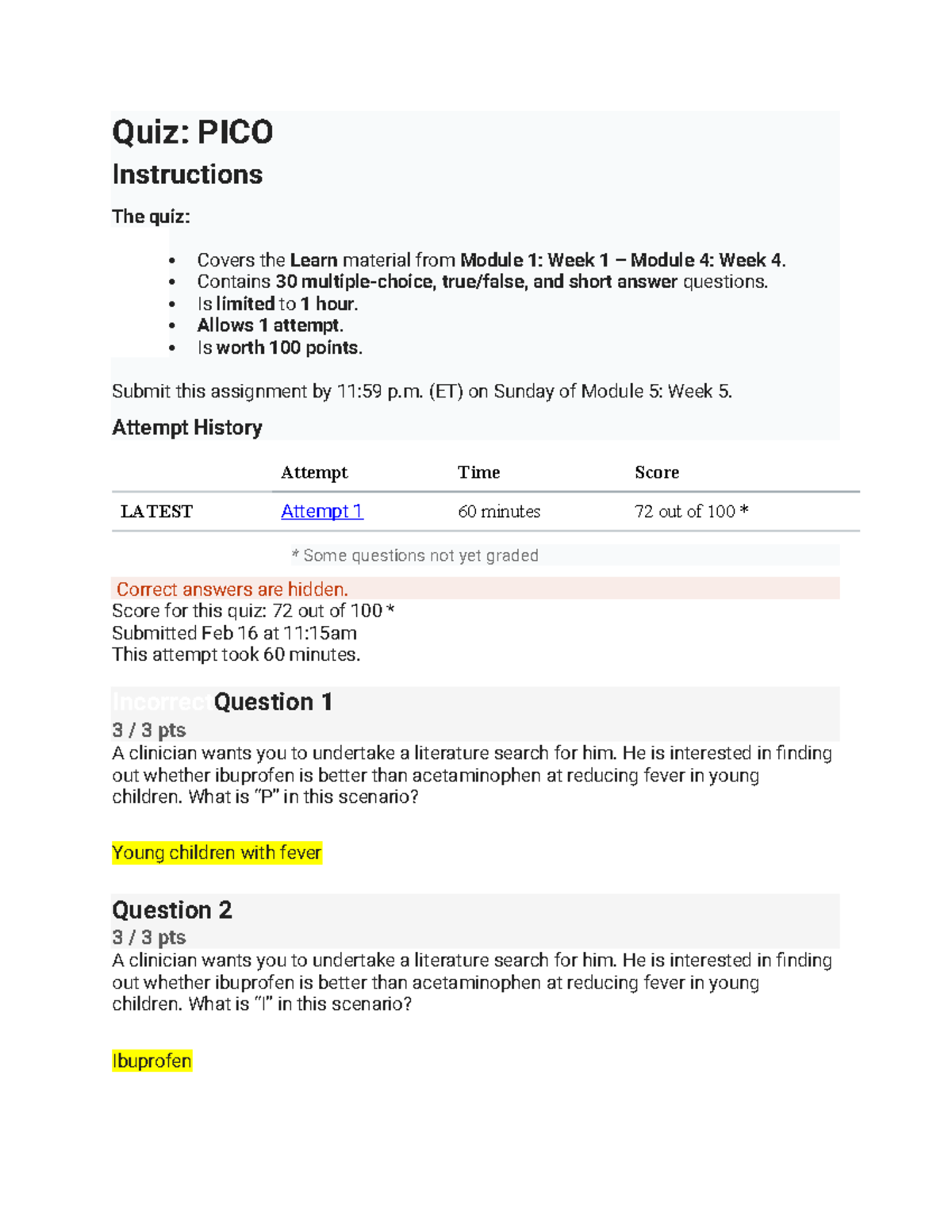 HSCI 735 Quiz PICO - Quiz - Quiz: PICO Instructions The quiz: Covers ...