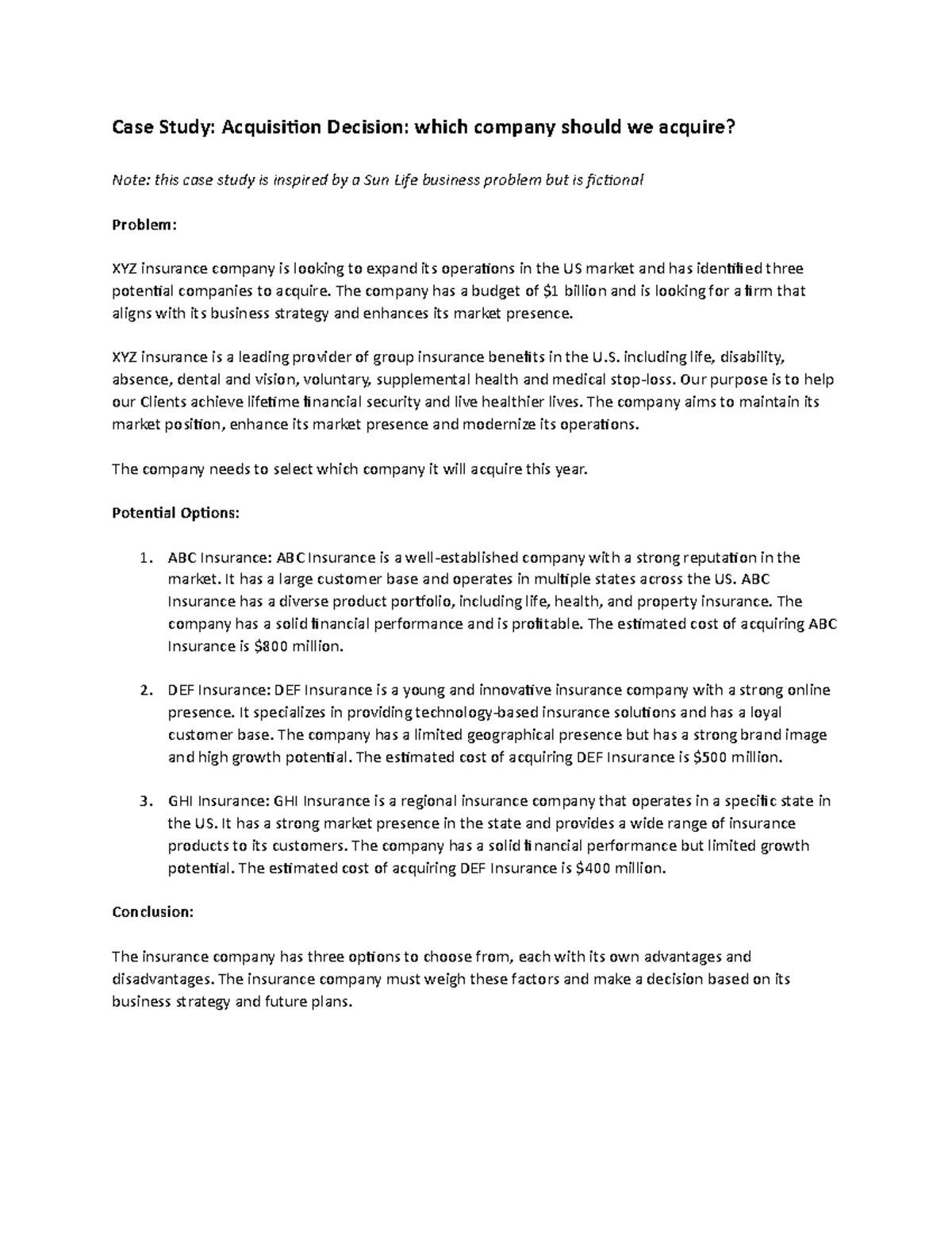 CFOlympics - CASE - Acquisition Decision - Case Study: Acquisition Decision: which company ...