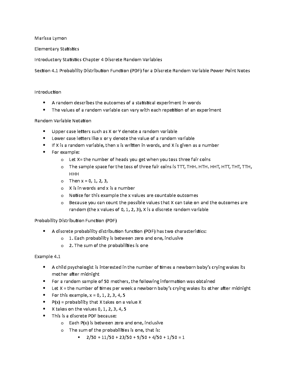 Section 4.1 Probability Distribution Function (PDF) for a Discrete Random Variable Power Point ...