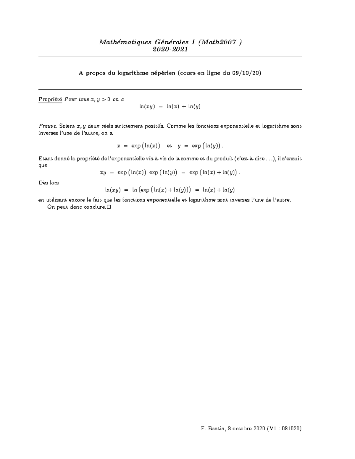 3 - Syllabus Logarithme 2021 - Math ́ematiques G ́en ́erales I (Math2007 ) 2020- A propos du ...