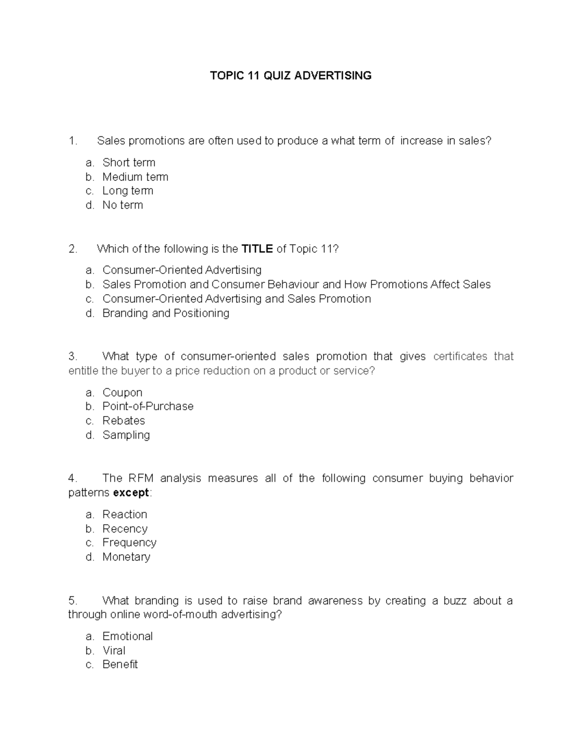 Module 11 QUIZ IN Advertising - TOPIC 11 QUIZ ADVERTISING Sales ...
