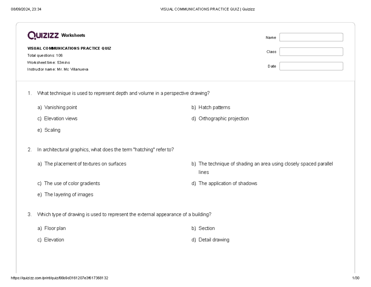 Viscom prac test - Worksheets VISUAL COMMUNICATIONS PRACTICE QUIZ Total ...