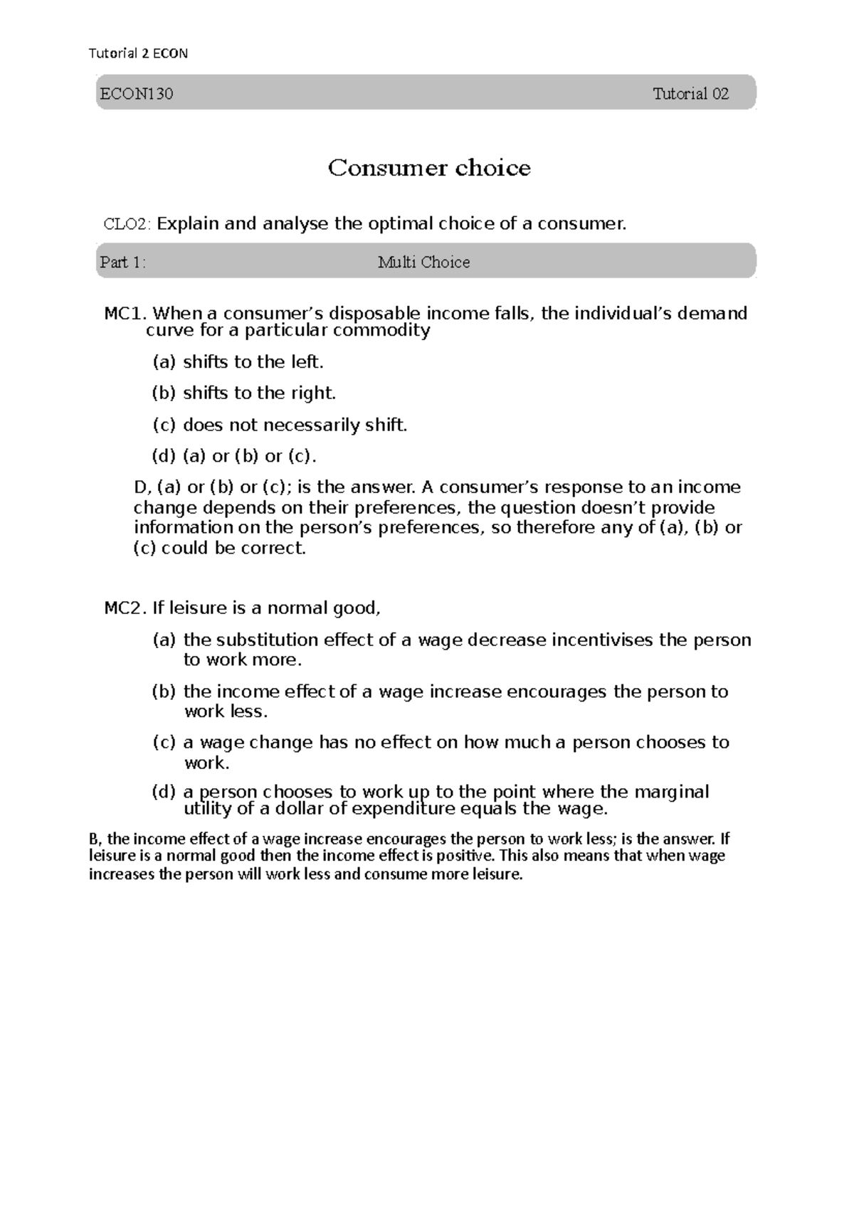 Tutorial 2 - .... - Part 1: Multi Choice Tutorial 2 ECON Consumer choice CLO2: Explain and ...