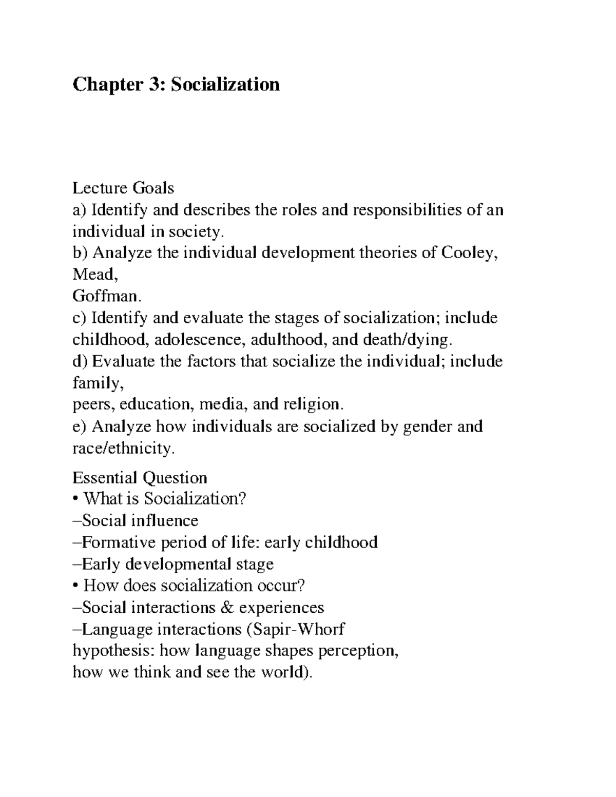 Chapter 3-Socialization - Chapter 3: Socialization Lecture Goals a ...