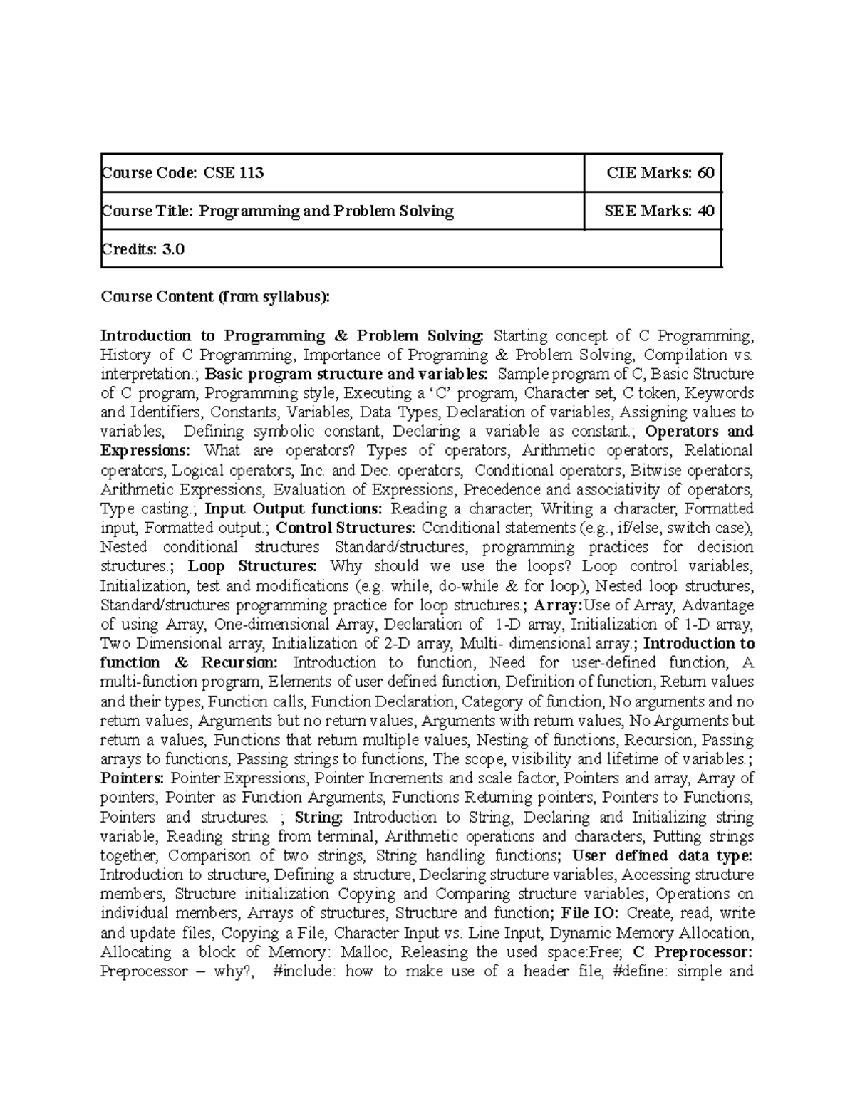 Course Outline Cse 122 Course Code Cse 113 Cie Marks 60 Course