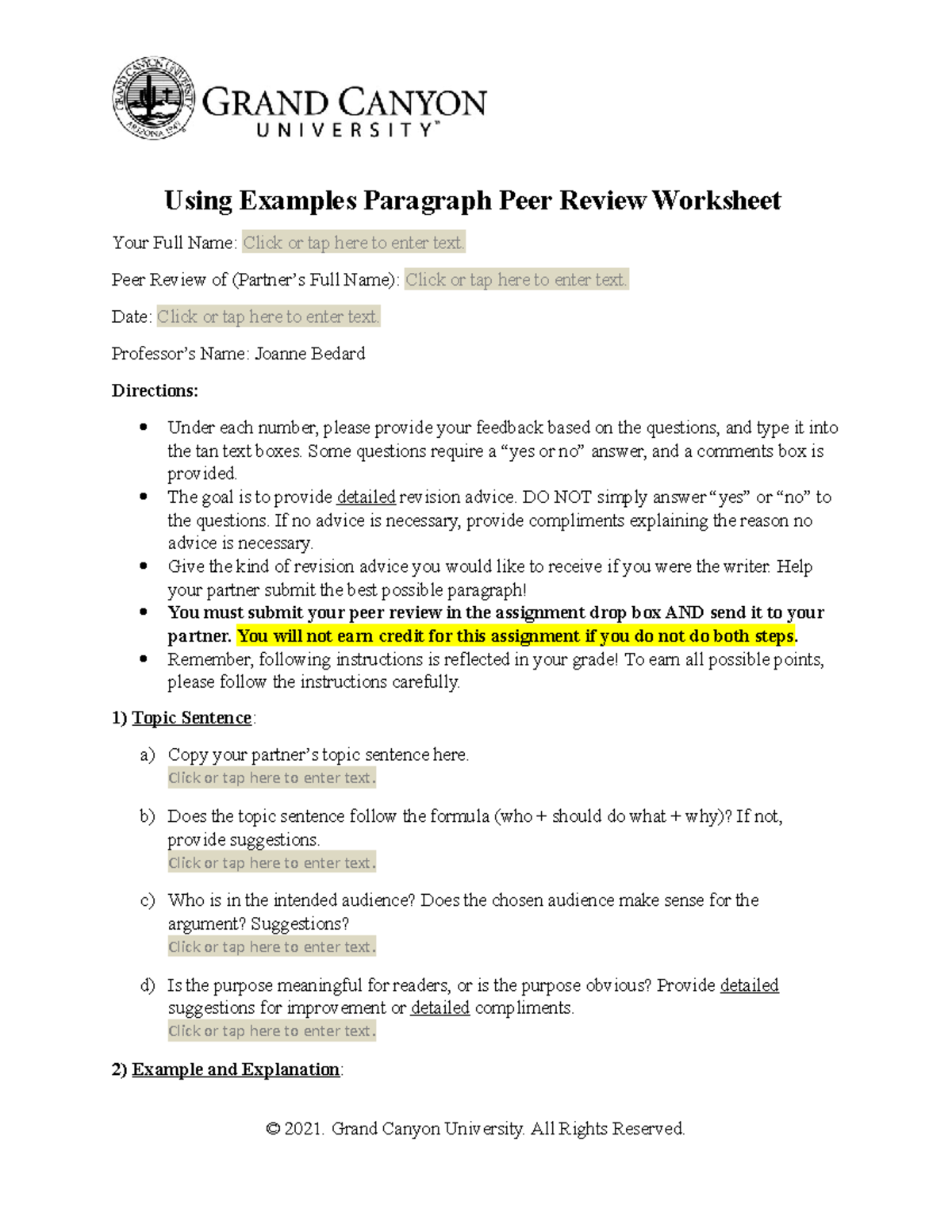 UNV-100 Using Examples Peer Review Worksheet - Using Examples Paragraph ...