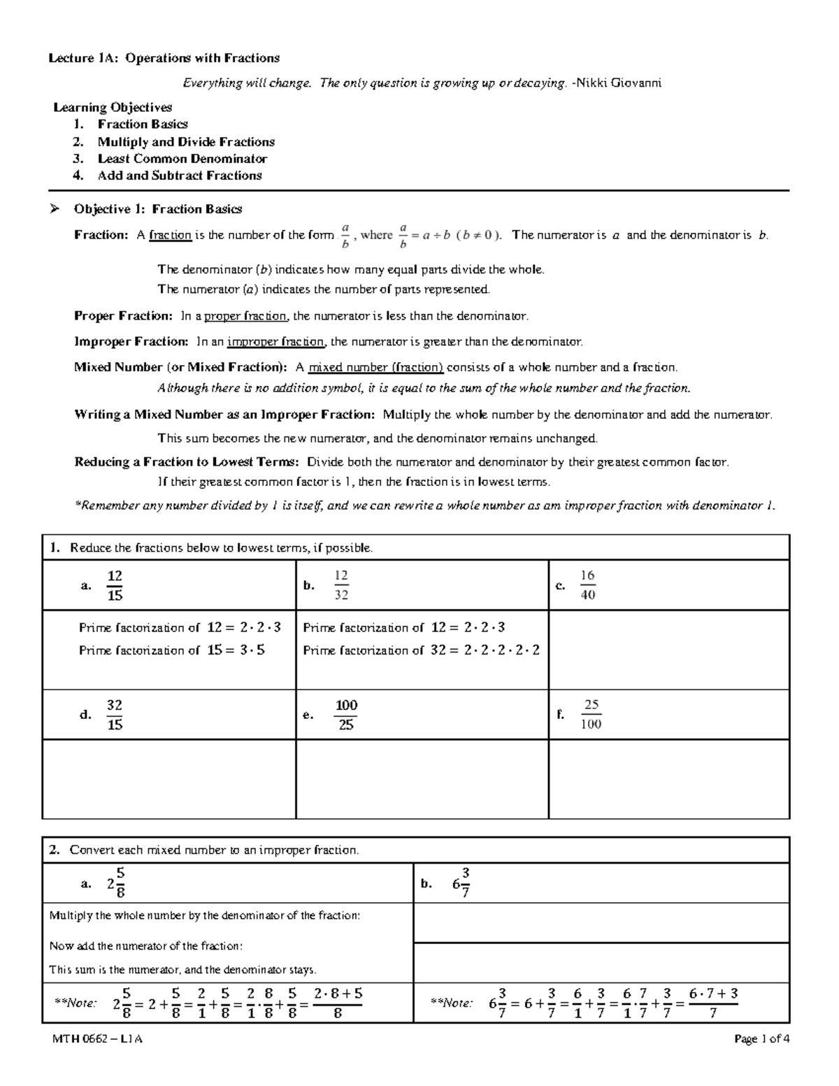 0662 - Lecture 1A - Operations with Fractions - Lecture 1A: Operations with Fractions Everything ...