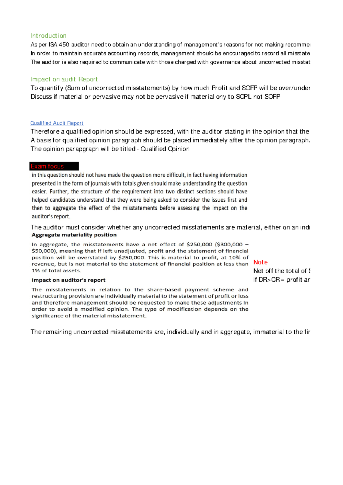 ACCA AAA Audit Report Self made notes Uncorrected Misstatements ...