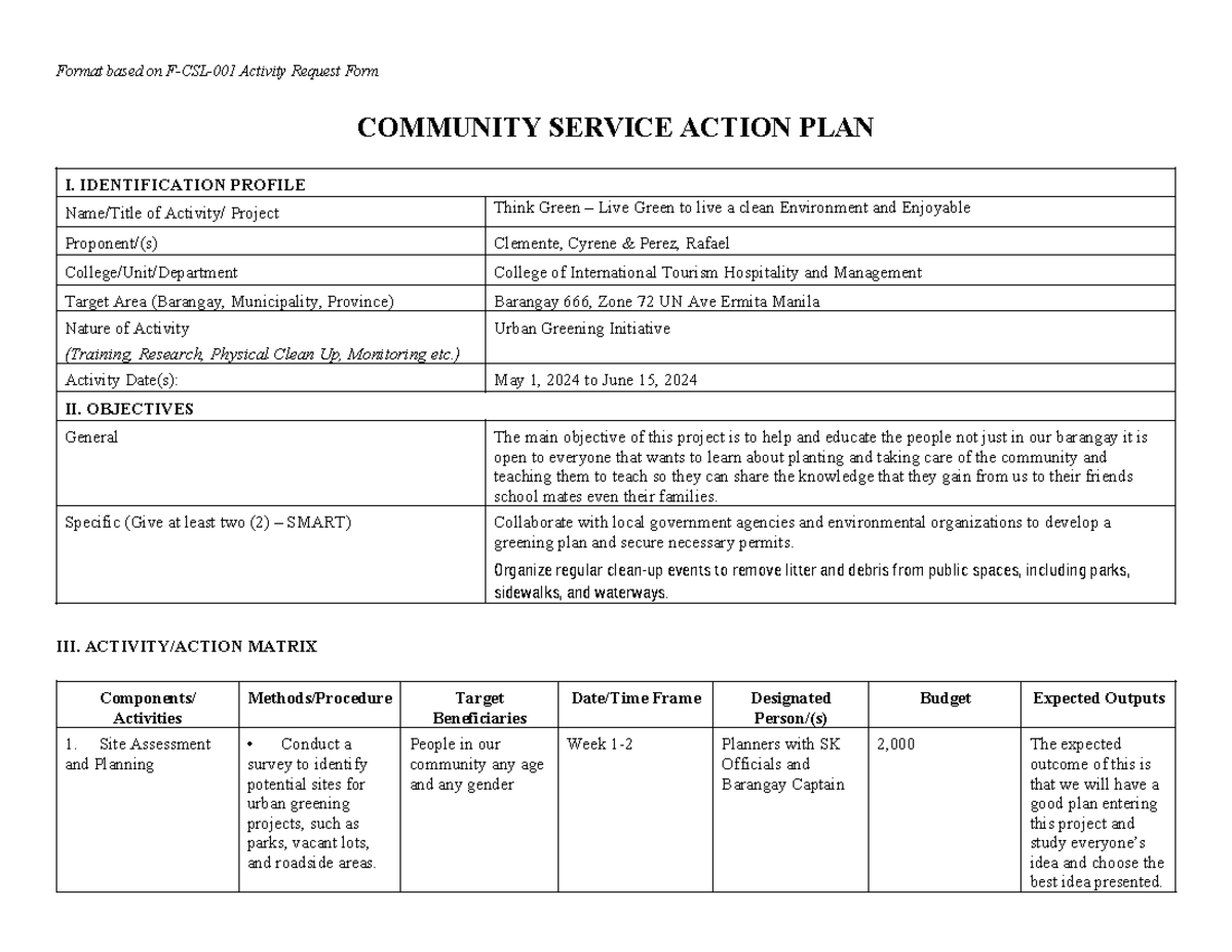NSTP Action PLAN - Format based on F-CSL-001 Activity Request Form ...