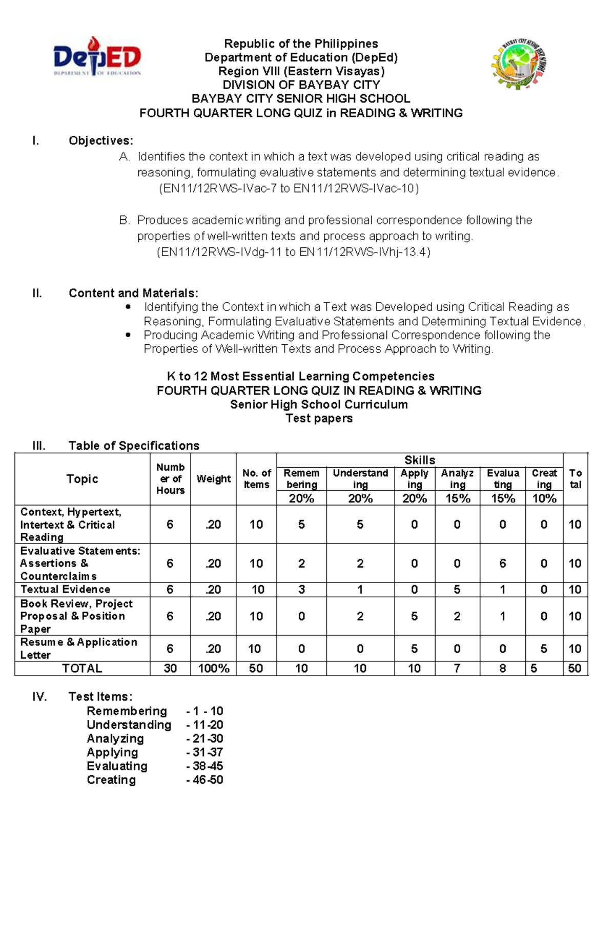 R&W-TOS- TQ-4th Q - EXAMINATION R&W 11 - Republic of the Philippines ...