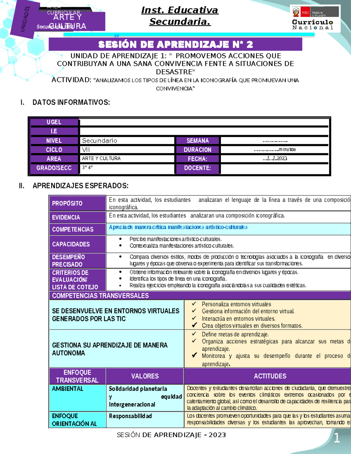 3° 4° SES ACT 2-AYC-U1 - Sesión de clase - ARTE Y CULTURA UNIDAD Secundaria EBR CURRICULAR Inst ...