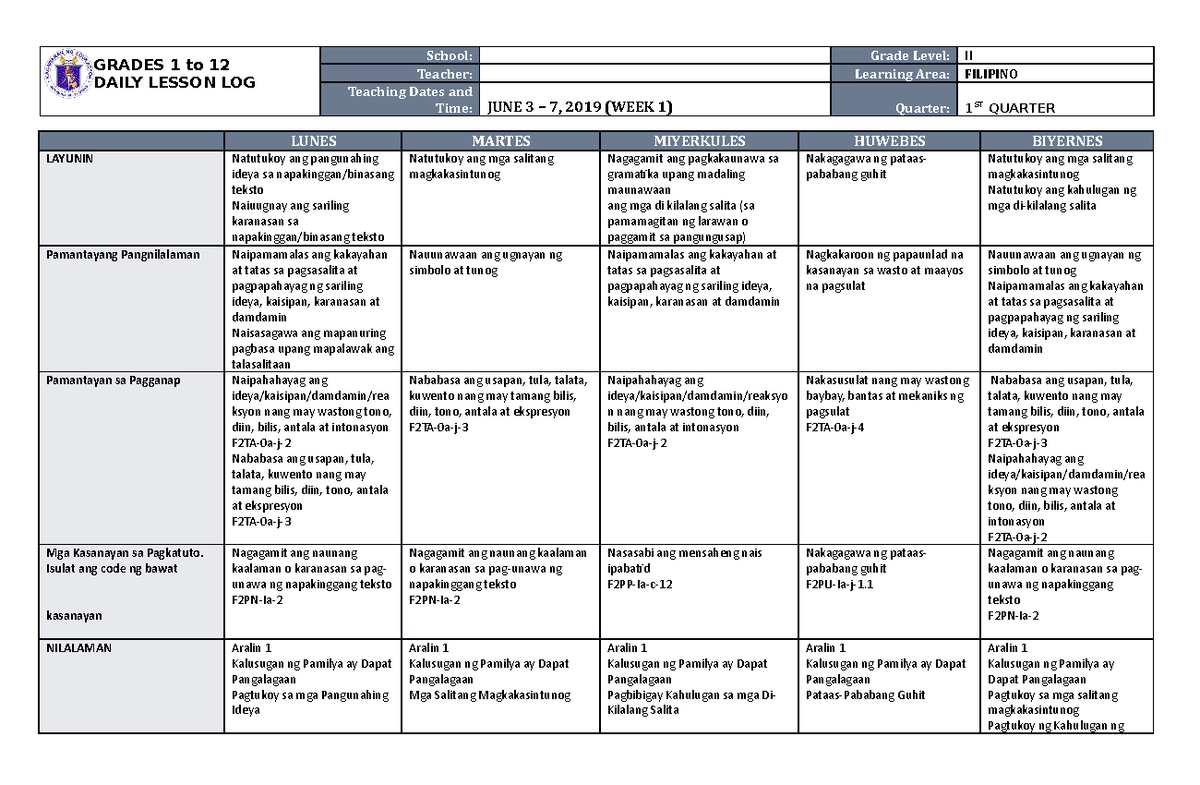 DLL Filipino 2 Q1 W1 - Basic lesson plan - GRADES 1 to 12 DAILY LESSON ...