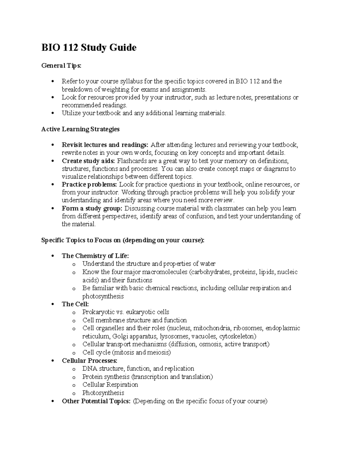 Bio 112 Study Guide - BIO 112 Study Guide General Tips: Refer to your ...
