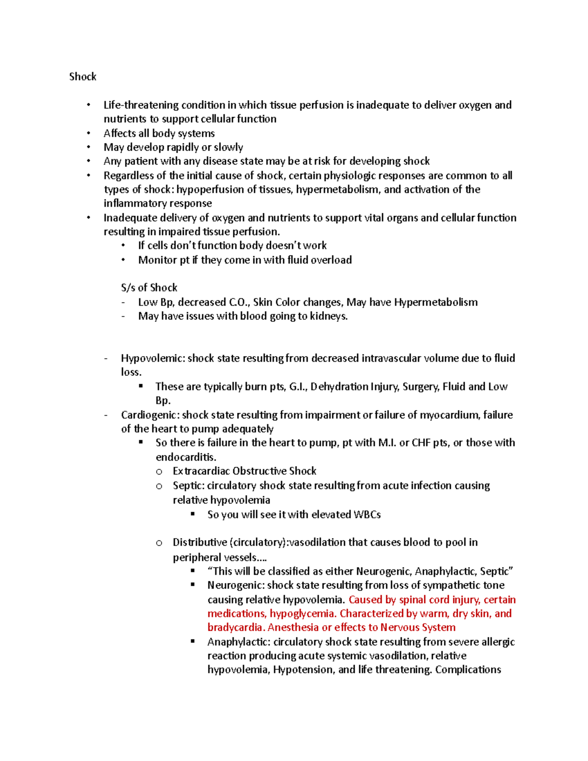 Shock Typed notes - Shock Life-threatening condition in which tissue ...