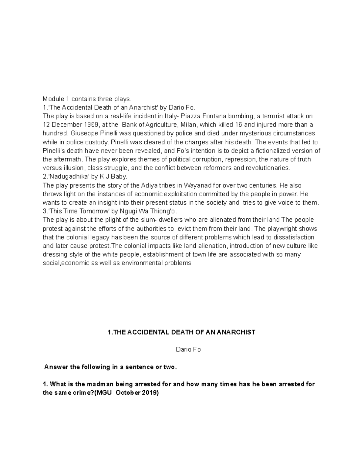 ACTS ON THE Stage -Notes - Module 1 contains three plays. 1.'The ...