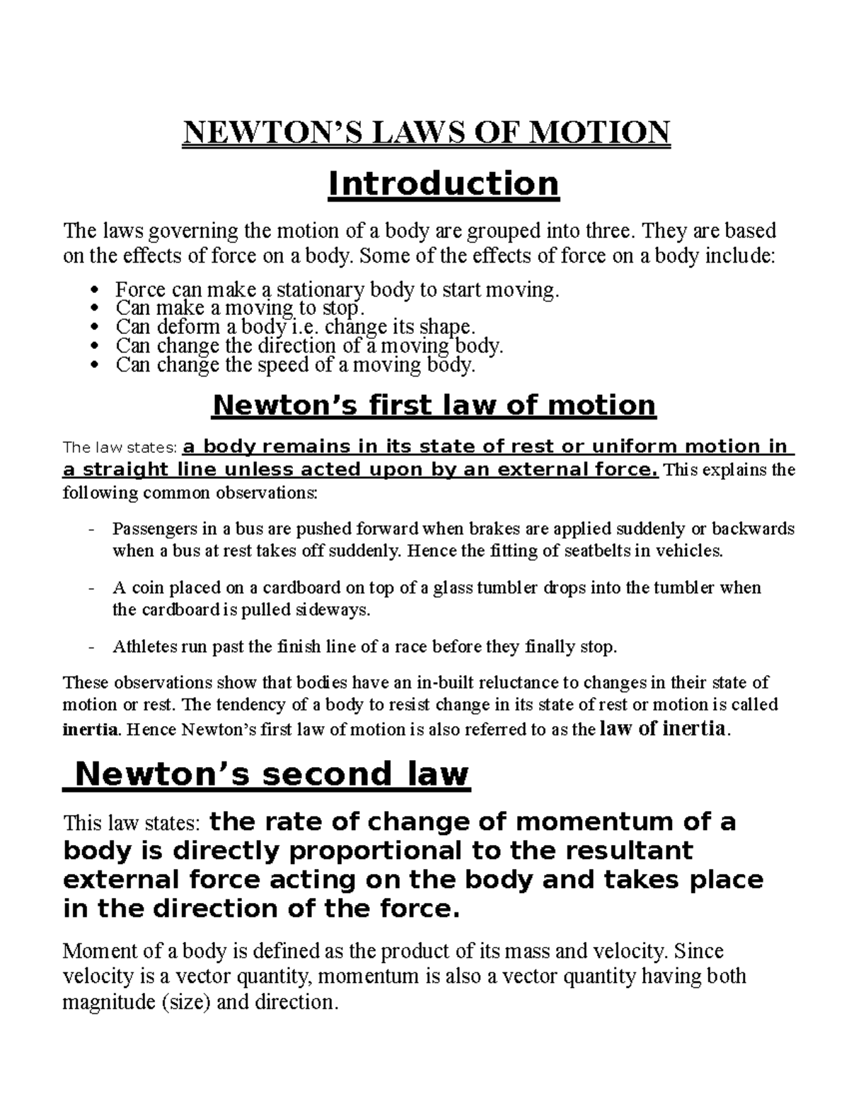 Physics FORM 2 - Good tutorial - NEWTON’S LAWS OF MOTION Introduction ...