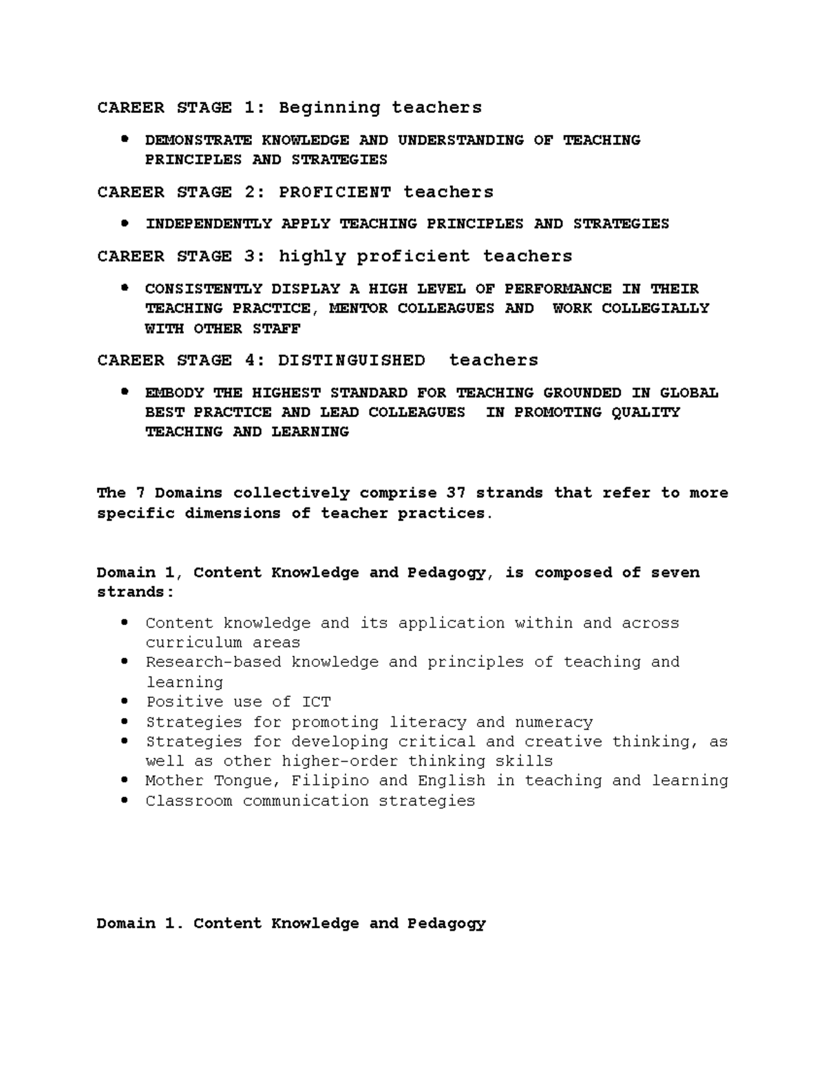 The Teaching Profession Domain 1 - CAREER STAGE 1: Beginning teachers ...