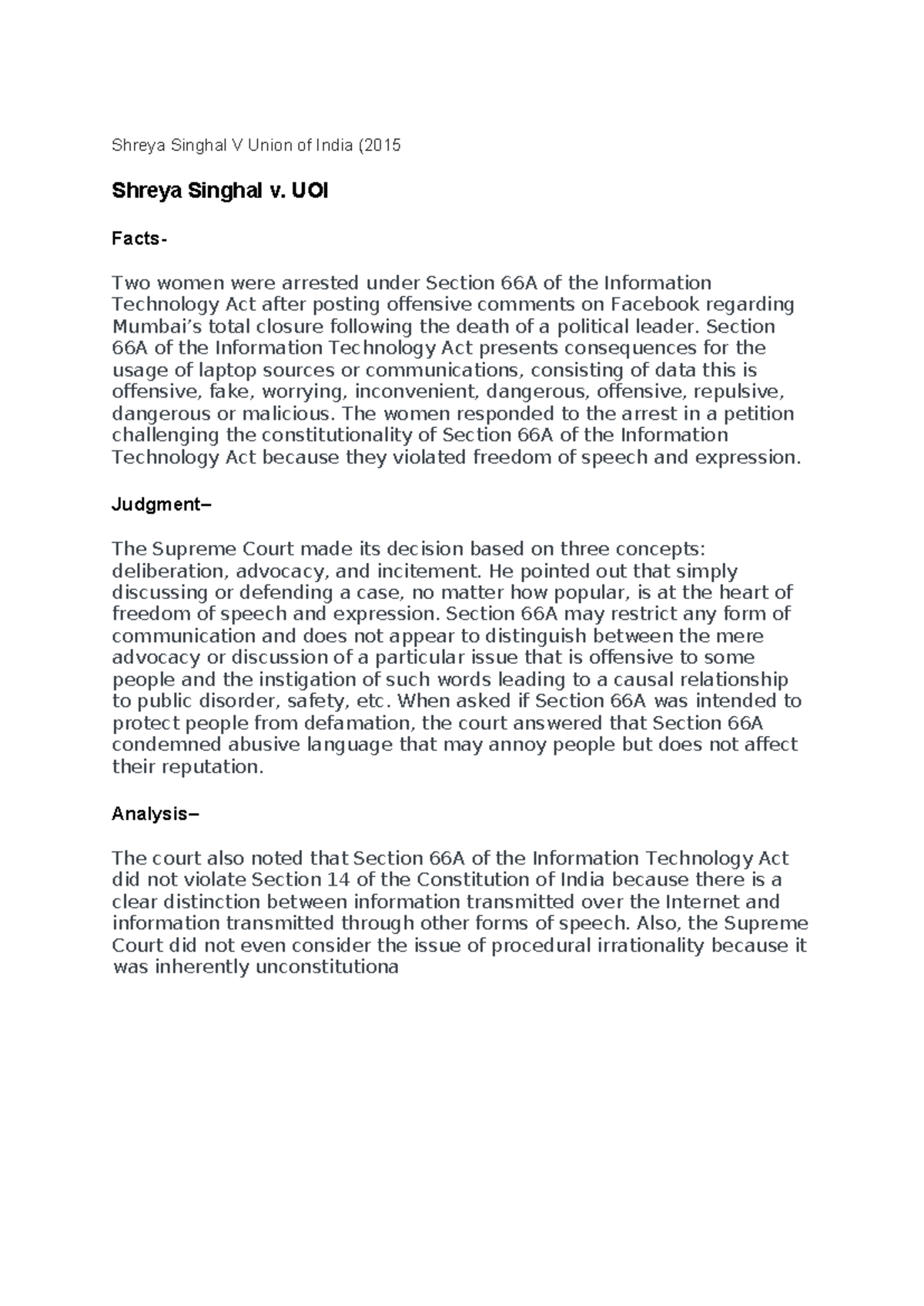 Shreya Singhal V Union of India - UOI Facts- Two women were arrested ...