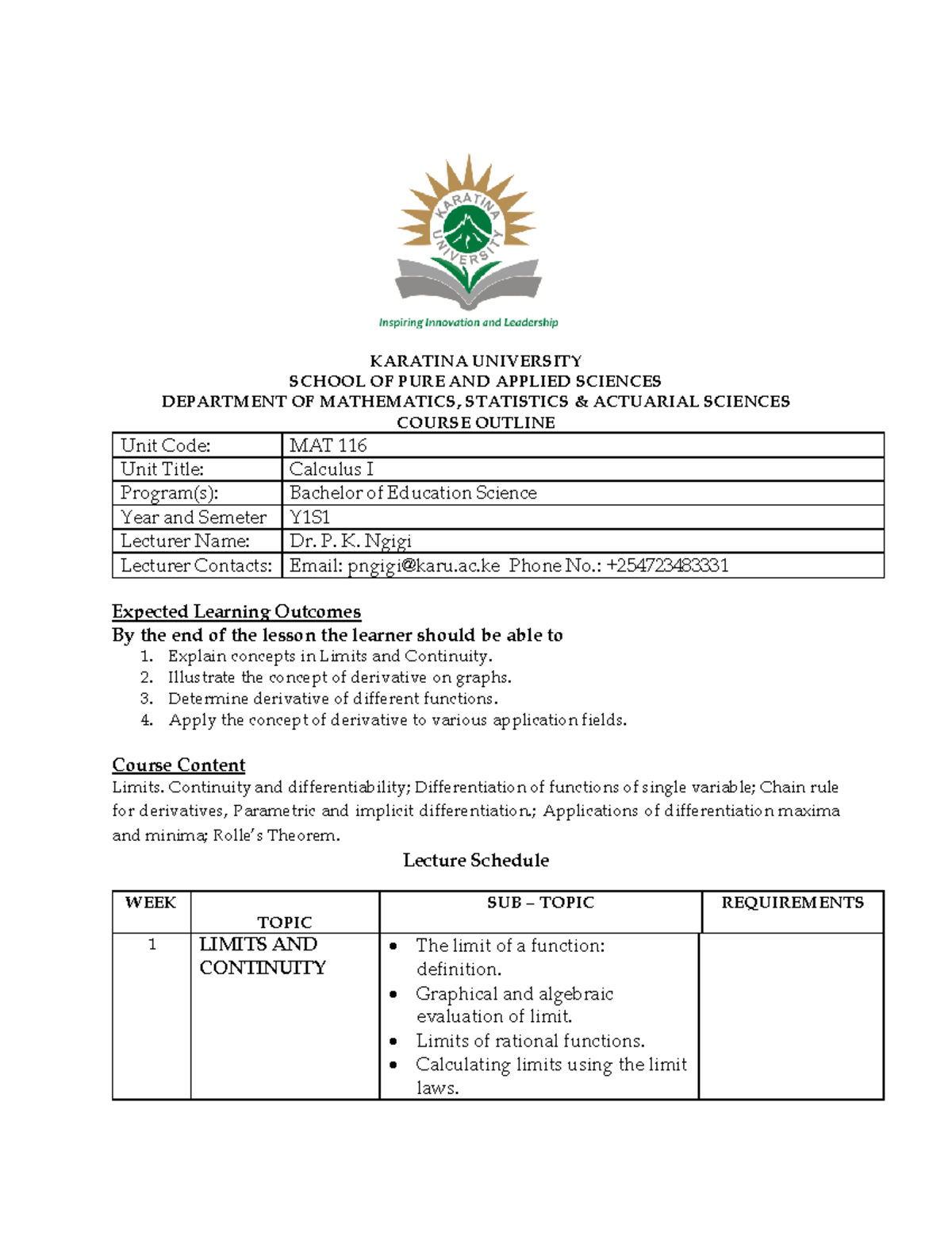 MAT 116 Calculus I Course Outline - KARATINA UNIVERSITY SCHOOL OF PURE ...