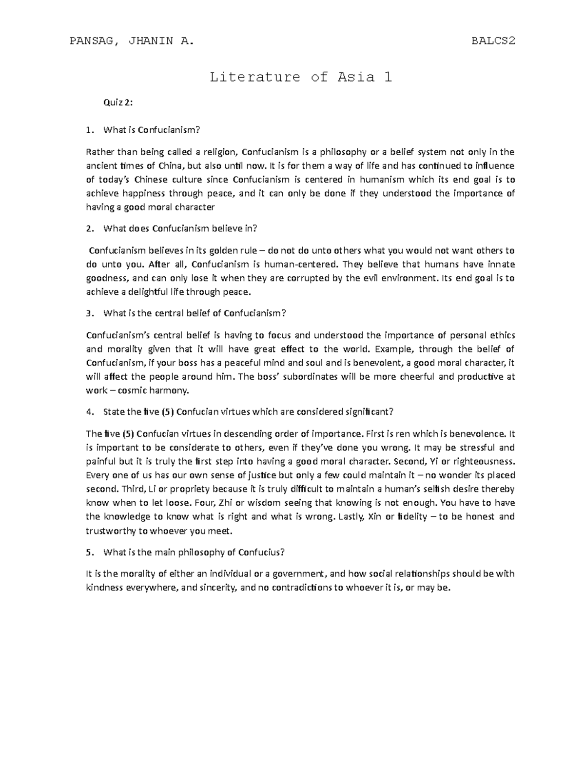 QUIZ #2 Literature of Asia 1 - PANSAG, JHANIN A. BALCS Literature of ...