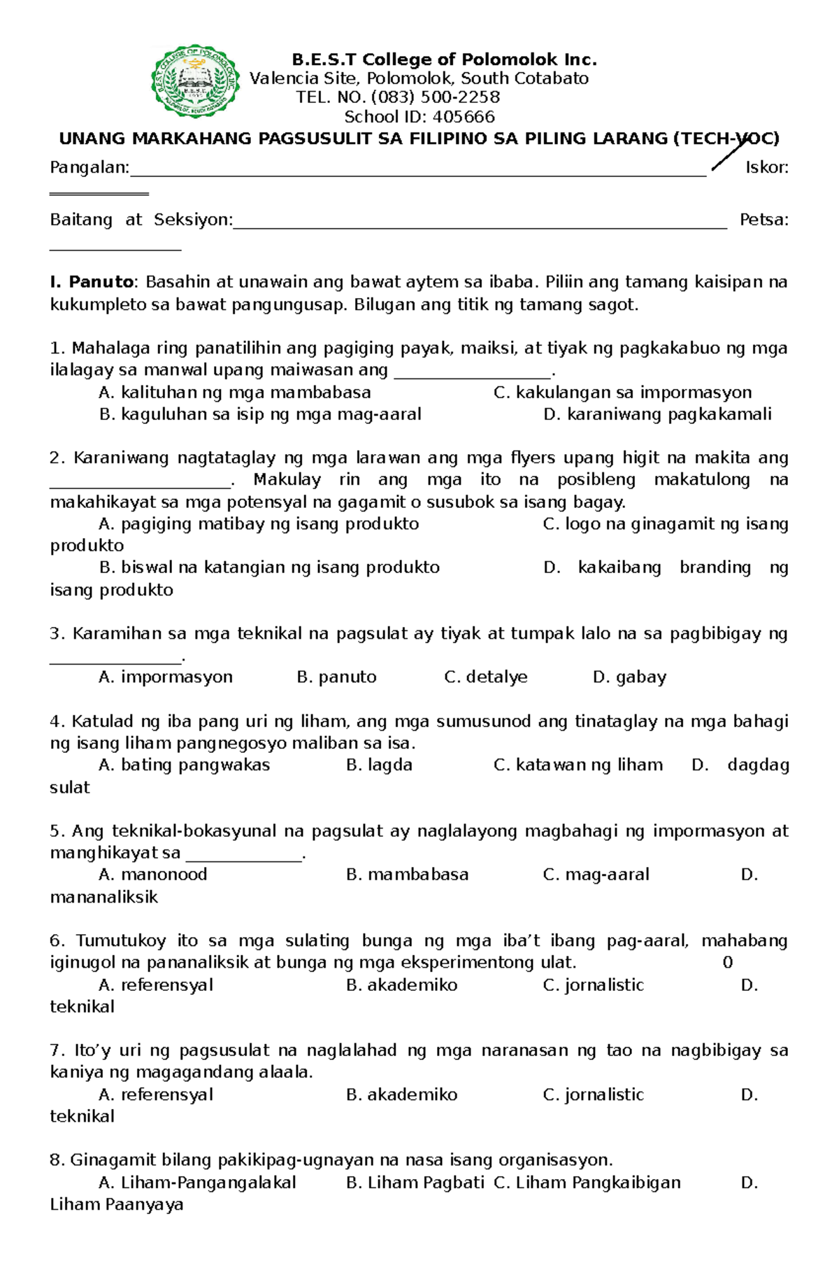 12-TVL - Sample of test paper. - B.E.S College of Polomolok Inc ...