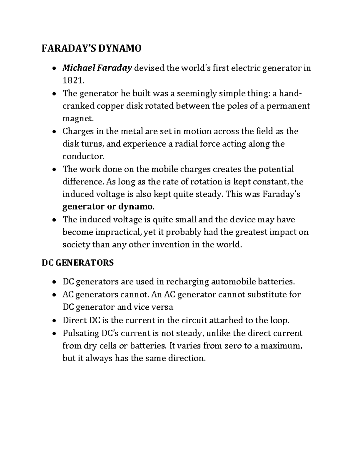 Faraday's Dynamo Lecture Notes - FARADAY’S DYNAMO Michael Faraday ...