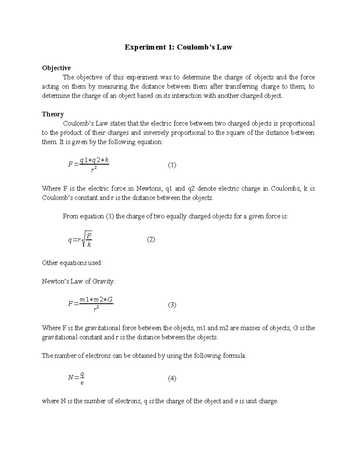 PHYS 221 Lab1 Report - Experiment 1: Coulomb’s Law Objective The ...