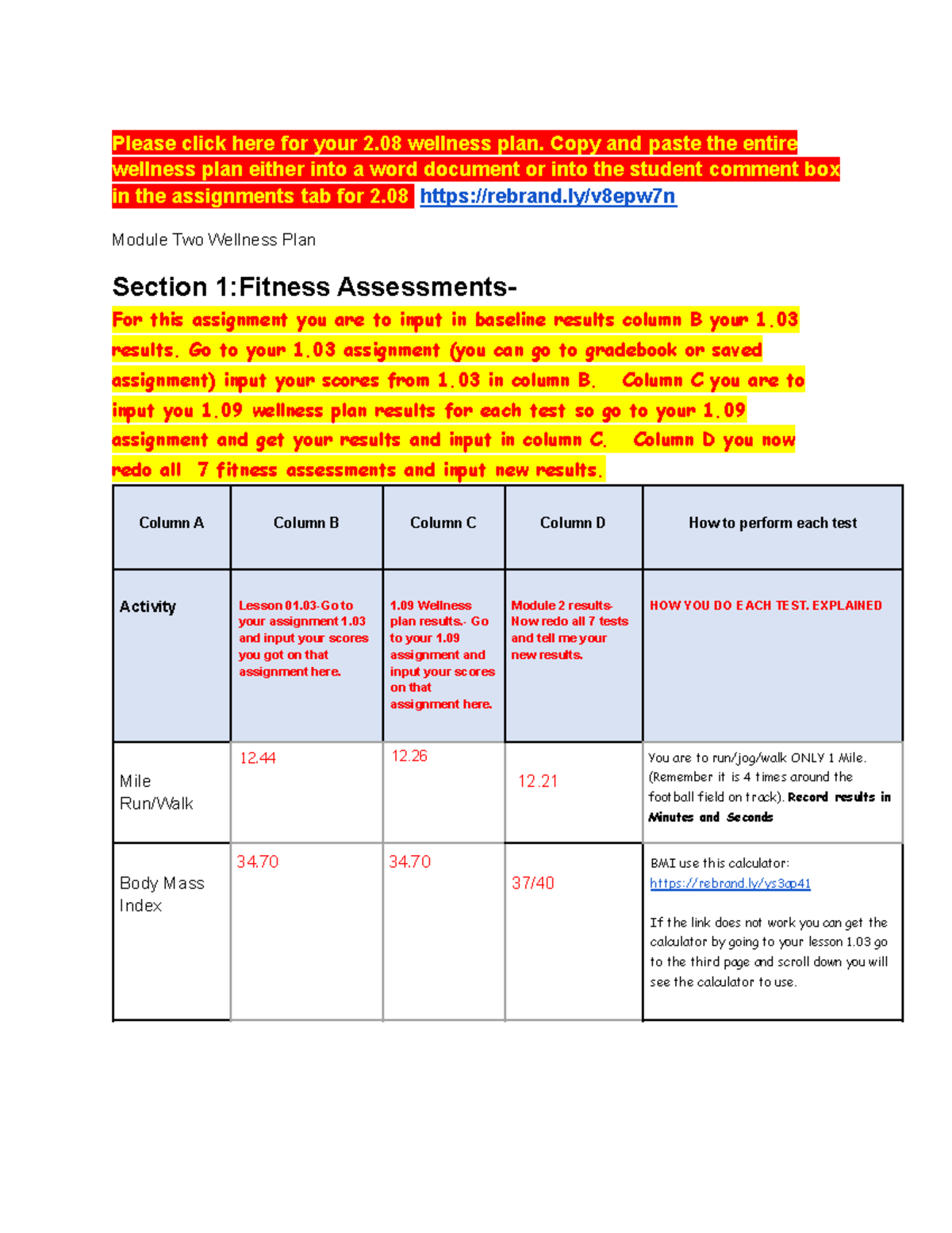 Copy of Module Two Wellness Plan example - Please click here for your 2 ...