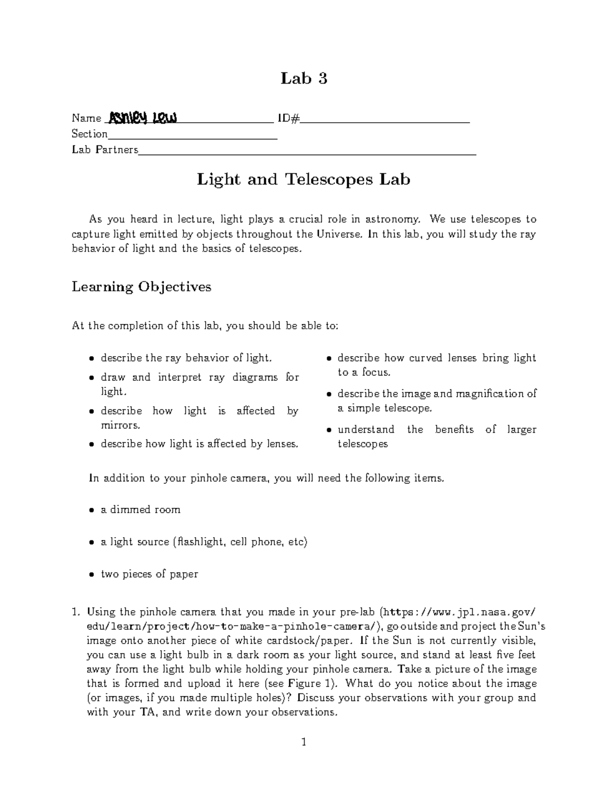 AY3 3 lab - Astronomy 3 Lab #3 - Lab 3 Name ID# Section Lab Partners ...