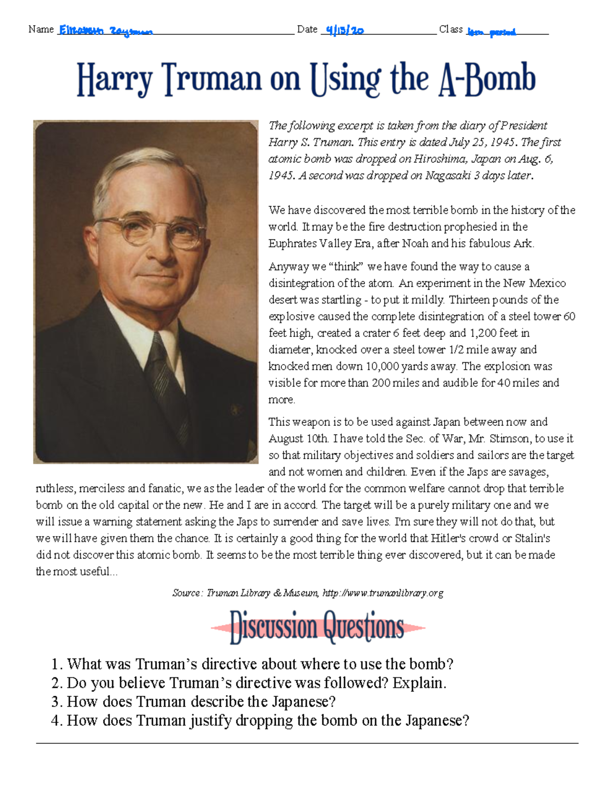 Trumans Diary Entry about the Atomic Bomb - Name