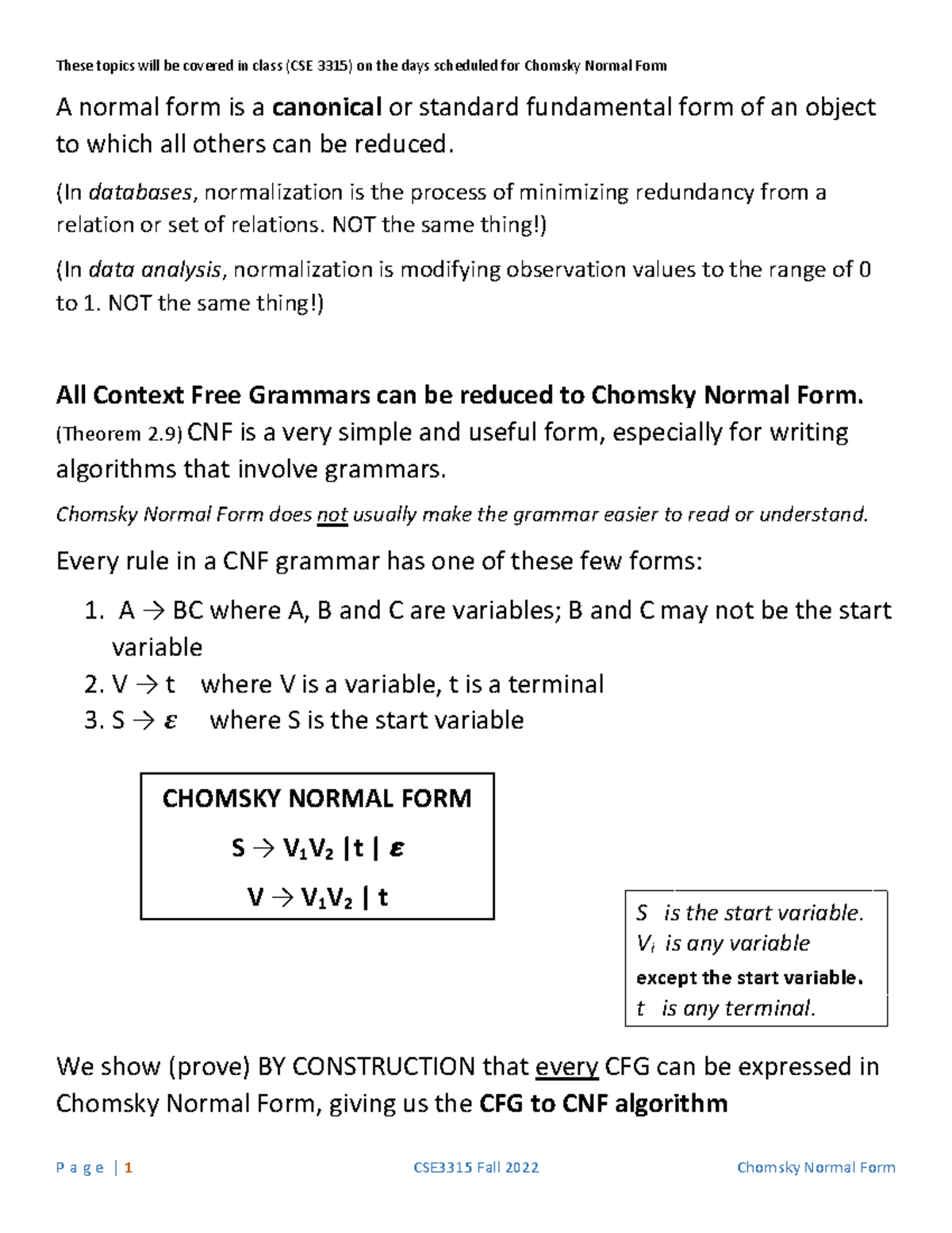 Chomsky Normal Form - Lecture Notes - These topics will be covered in ...