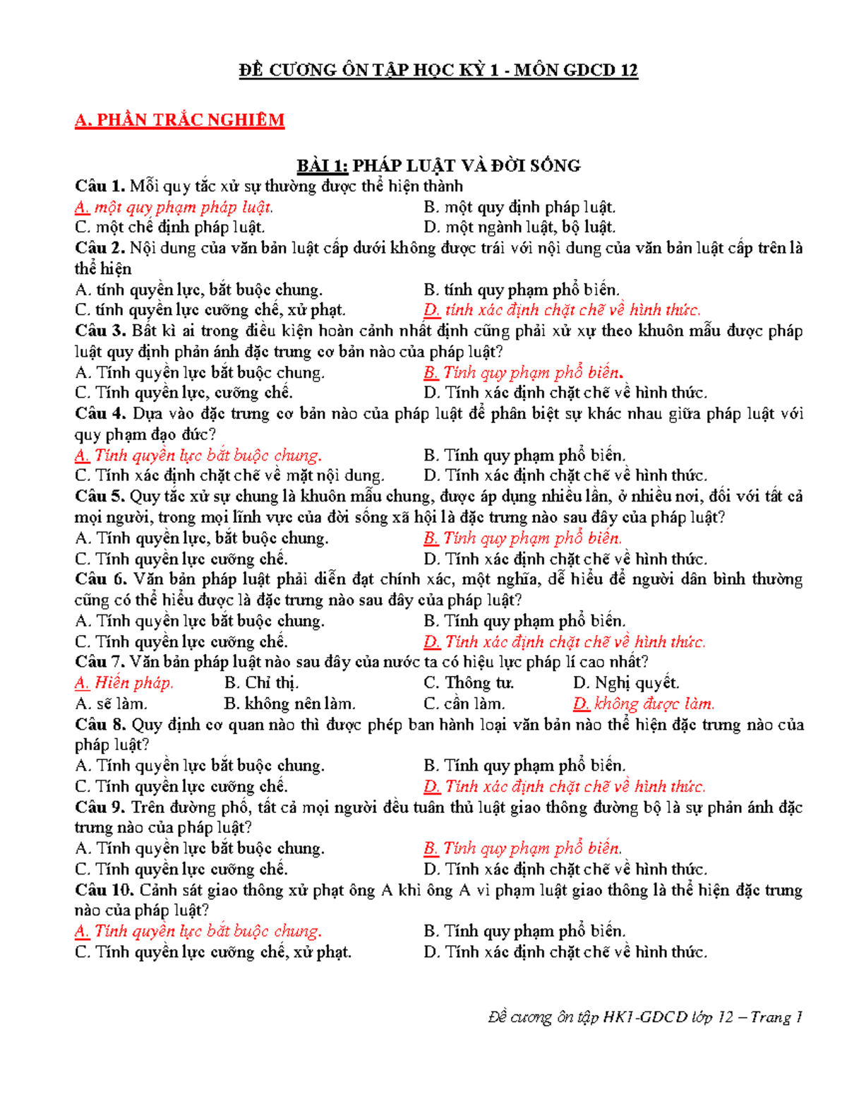 GDCD 12 - Đề cương cuối HK1 - ĐỀ CƯƠNG ÔN TẬP HỌC KỲ 1 - MÔN GDCD 12 A ...