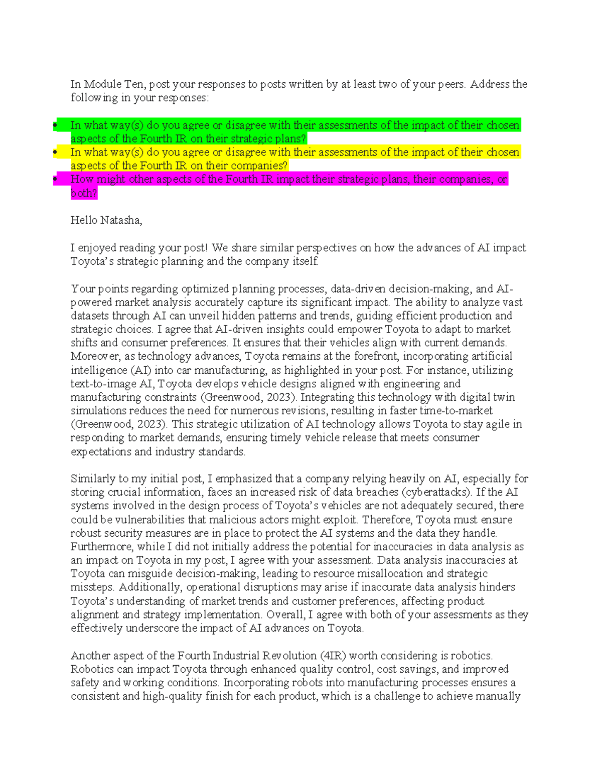 Module Ten - Discussion Reply - Two - In Module Ten, post your ...