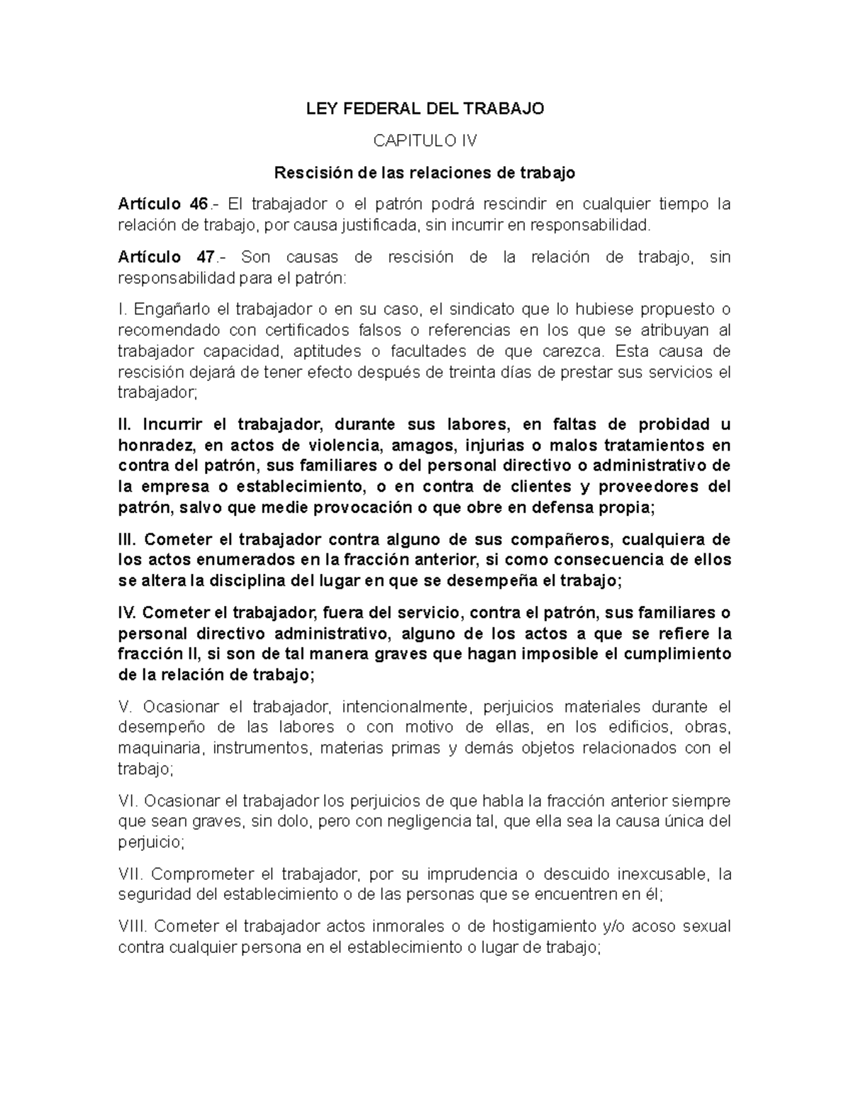 LEY Federal DEL Trabajo Art 47 Resicion laboral - LEY FEDERAL DEL ...