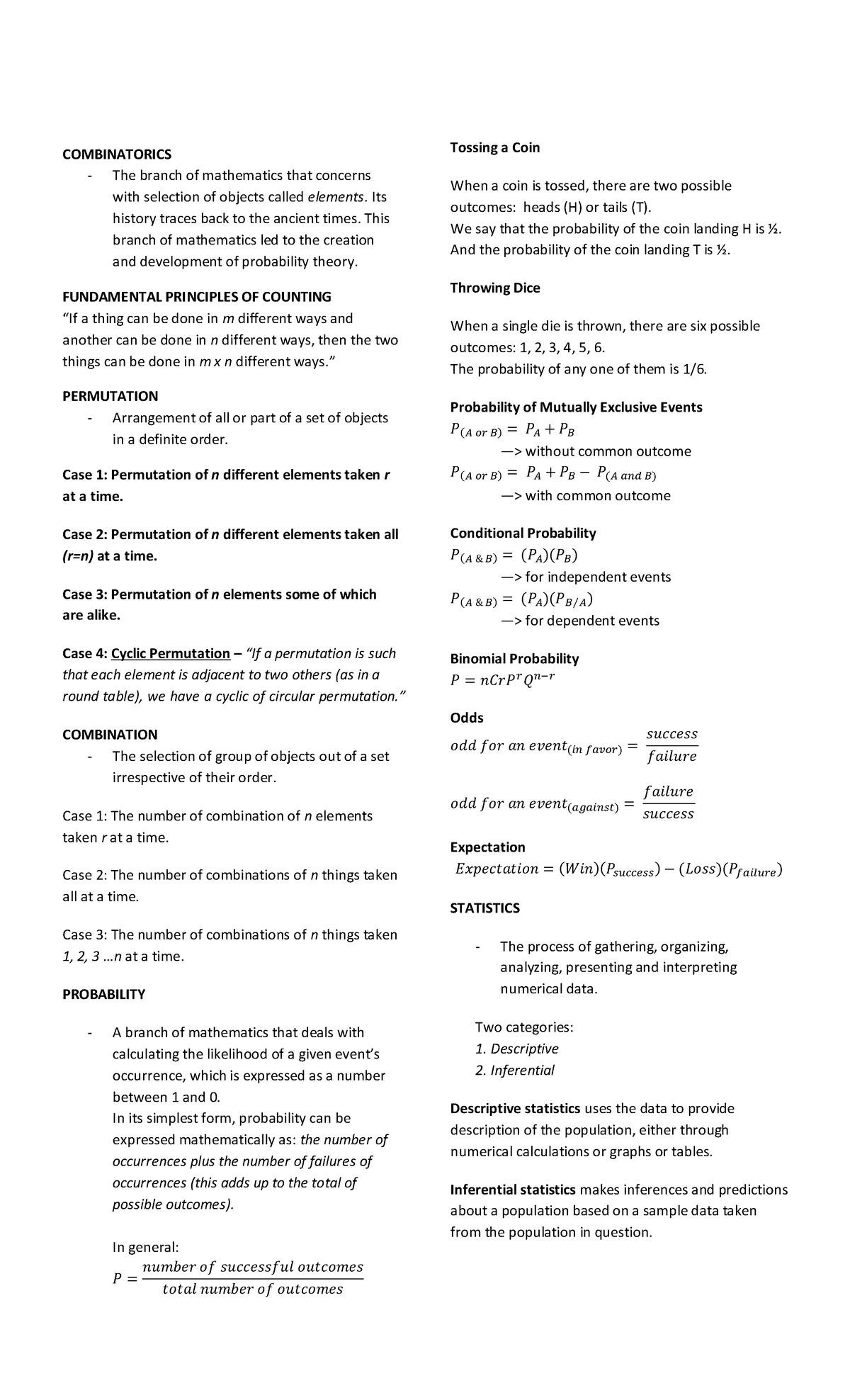 Engineering Data Analysis Review Notes Ece069 Engineering Data Analysis Combinatorics The 7160