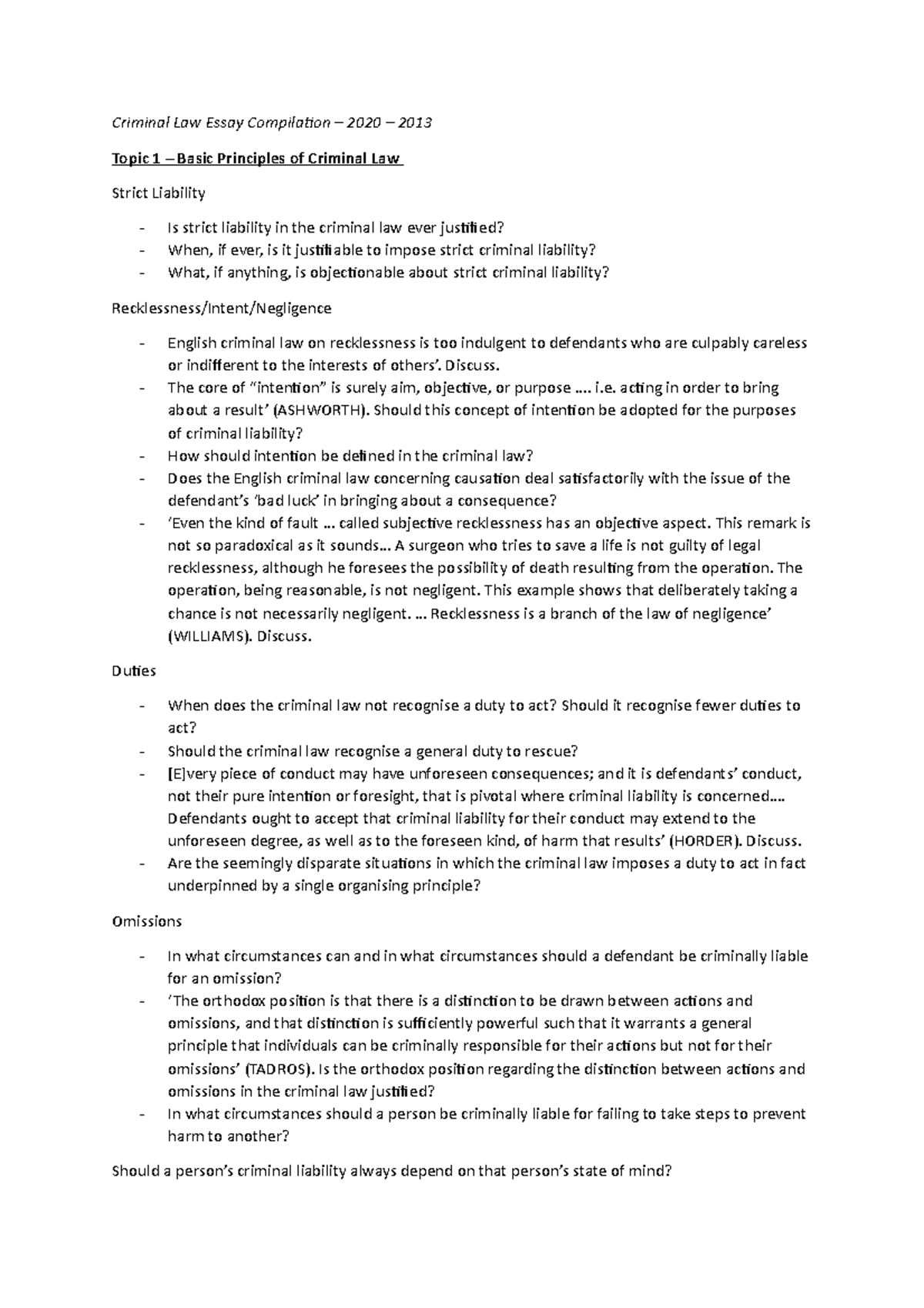 Criminal Law Essay Compilation - Discuss. - The core of “intenion” is ...