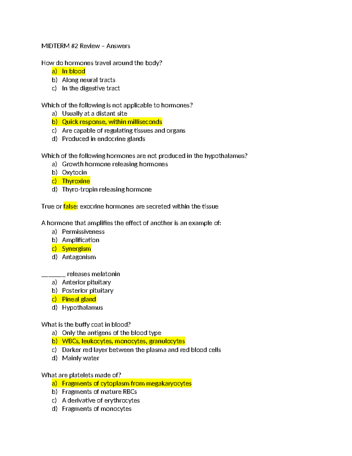 Midterm #2 review answers - MIDTERM #2 Review – Answers How do hormones ...