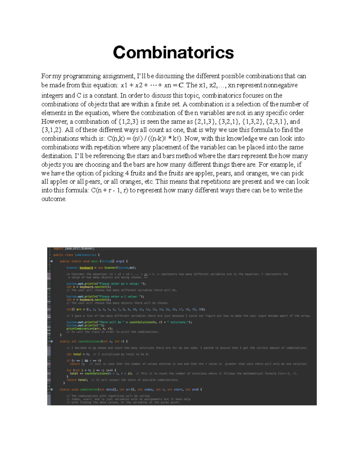 Wt3 Combinatorics Combinatorics For My Programming Assignment Ill Be Discussing The 