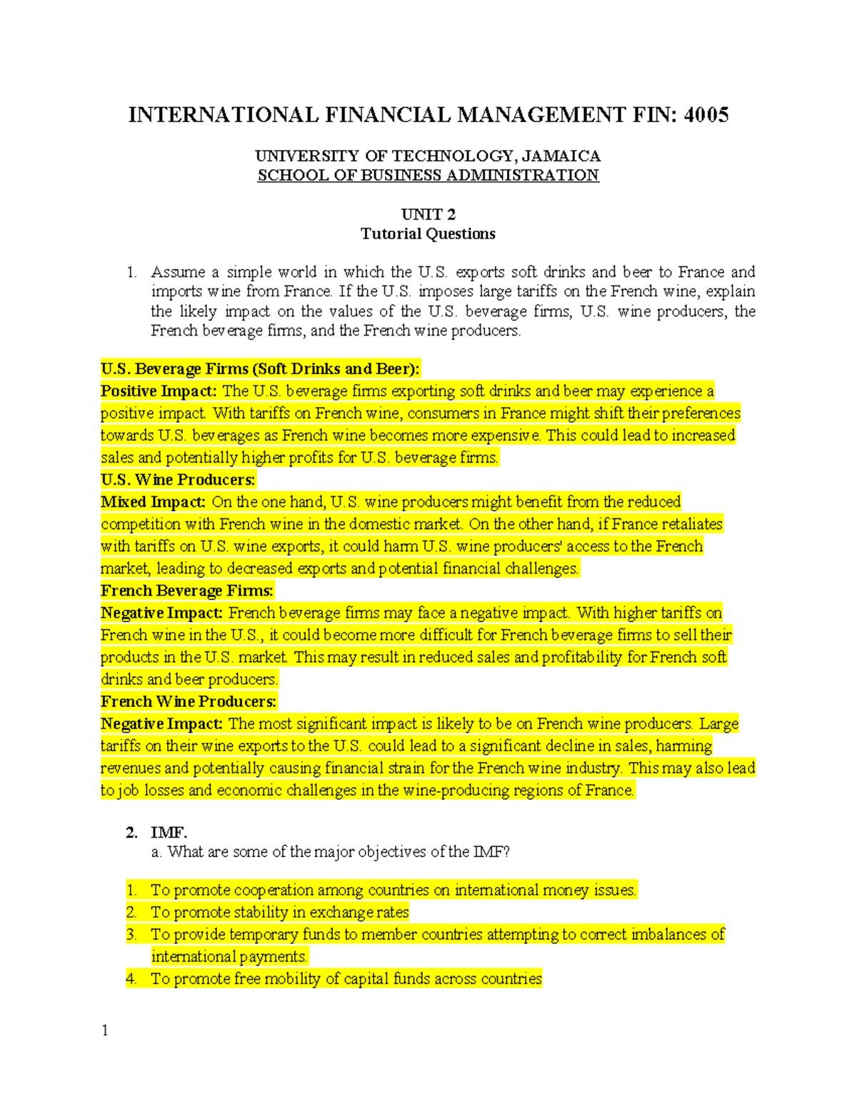 Unit 2 Tutorial Sheet - INTERNATIONAL FINANCIAL MANAGEMENT FIN: 4005 ...